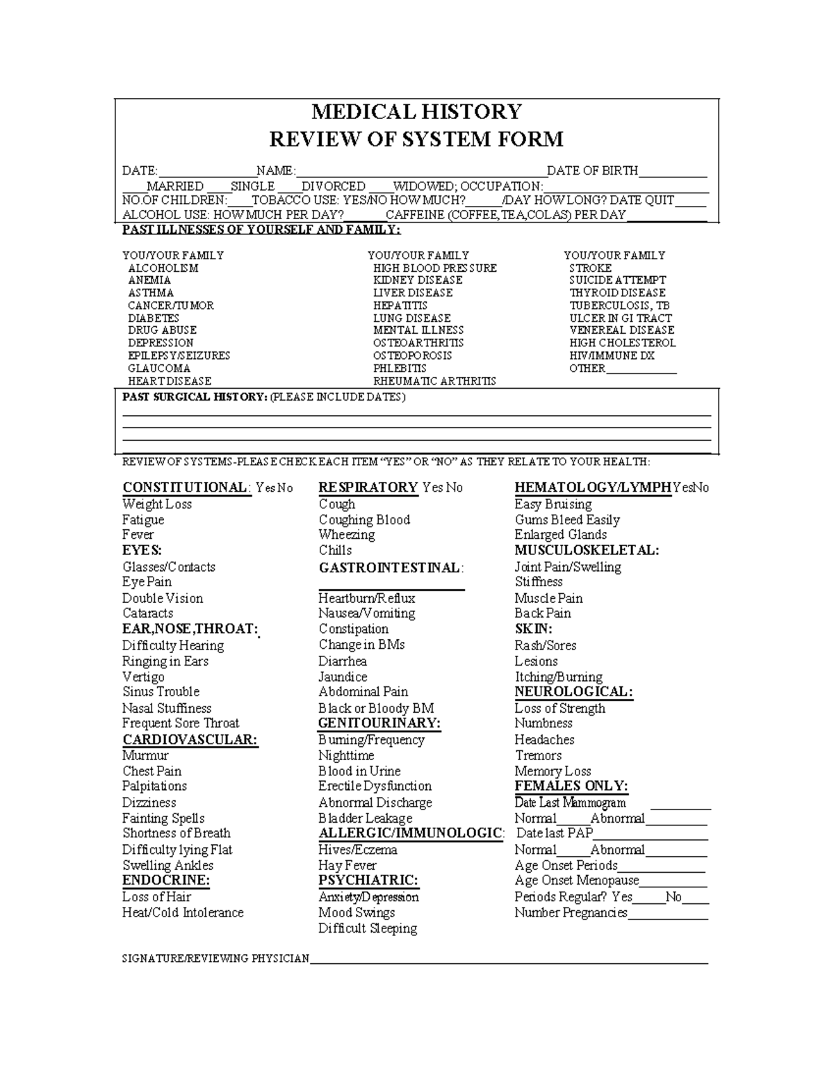 Review of systems template 06 - MEDICAL HISTORY REVIEW OF SYSTEM FORM ...