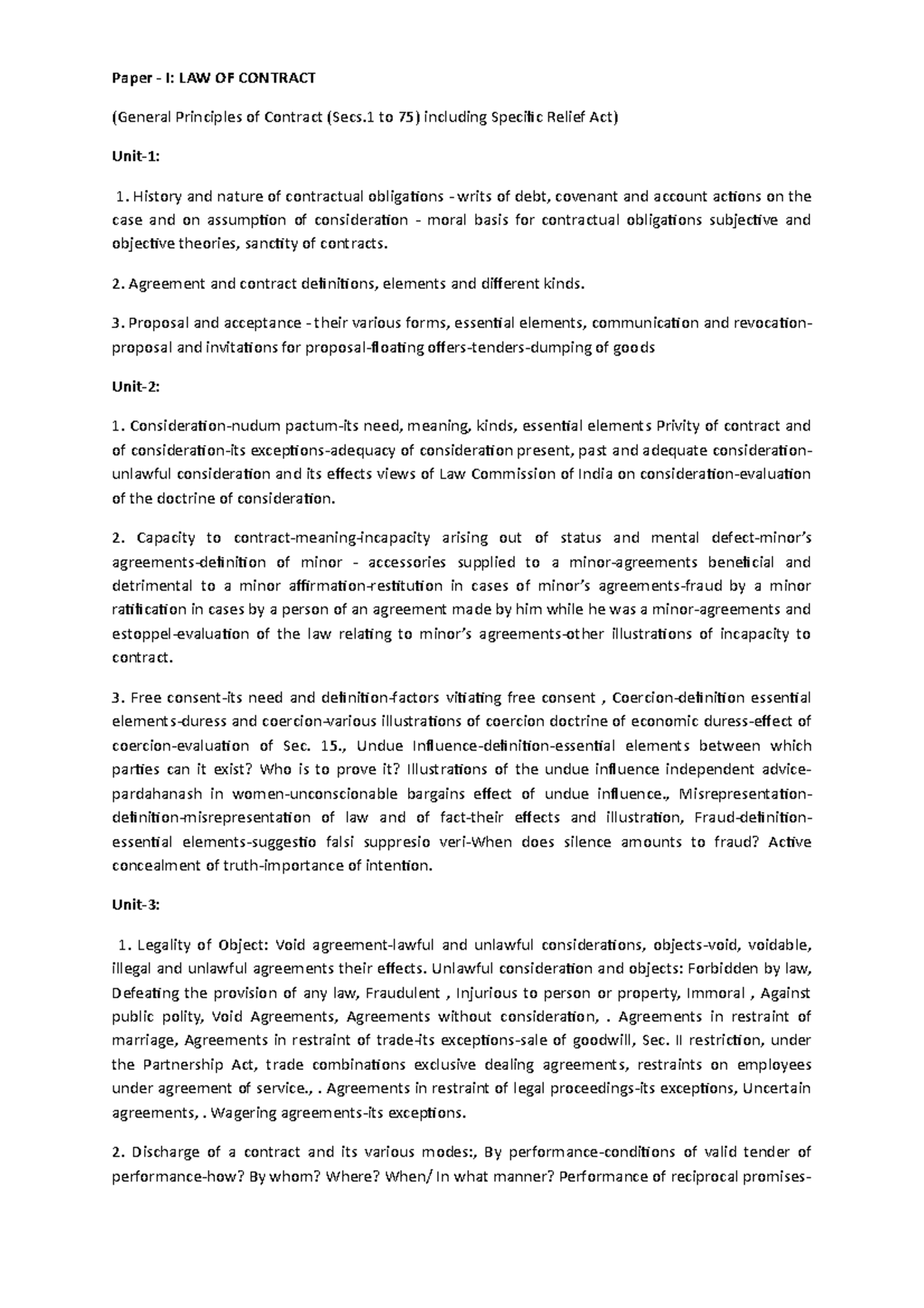 Syllabus - LLB 1ST SEMISTER COURSE DETAILS - Paper - I: LAW OF CONTRACT ...