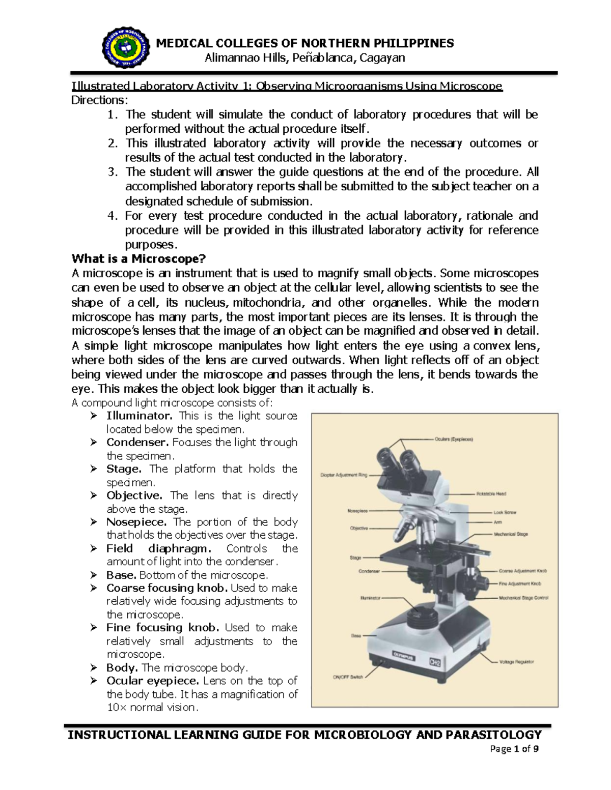 Lecture Outline in Microbiology Illustrated Laboratory Activity 1 ...