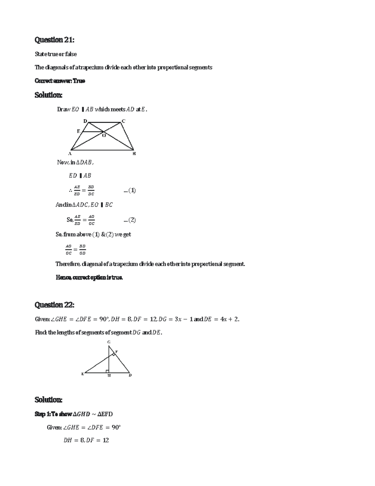 Concise 10 Similarity [Part 2] - Question 2 1: State true or false The diagonals of a trapezium ...
