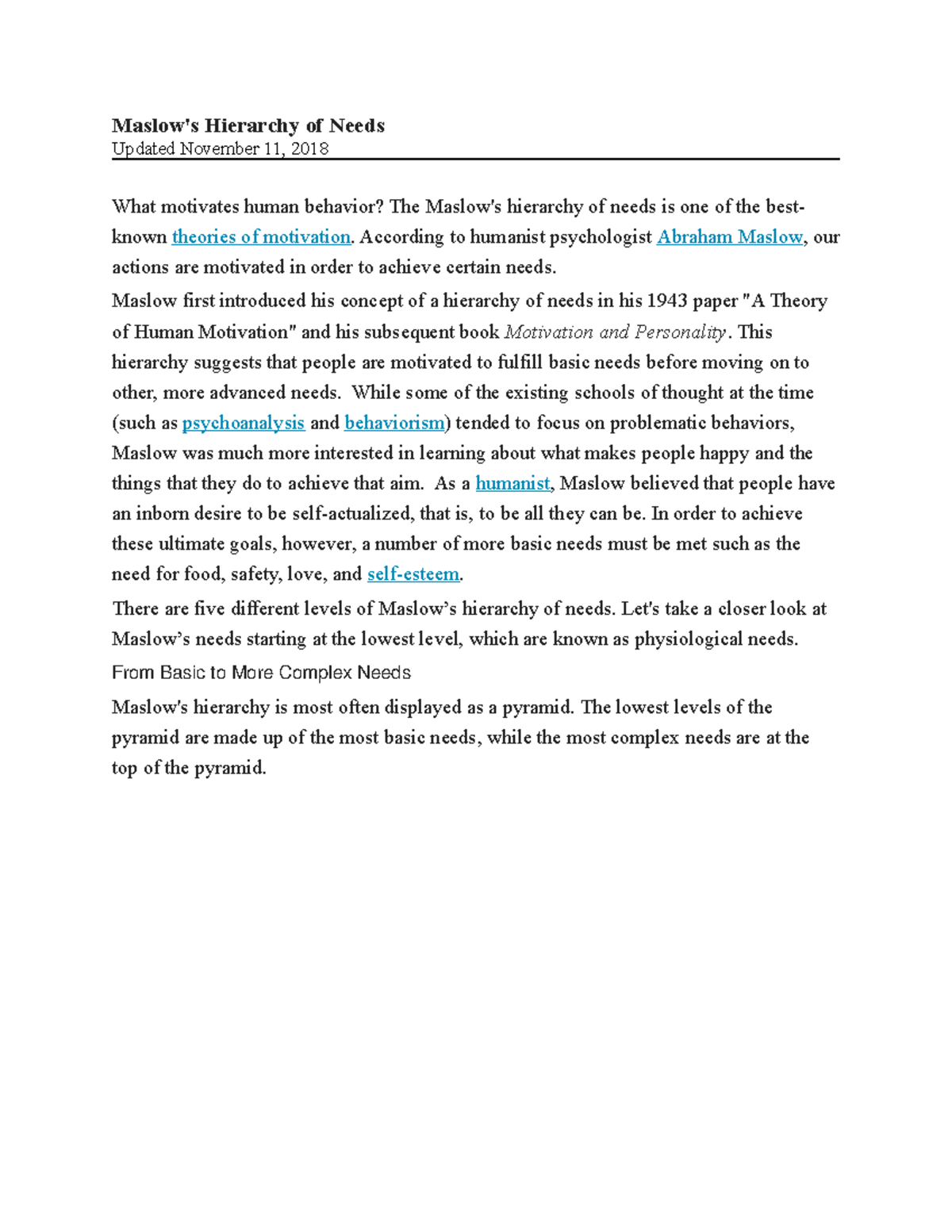 Maslow's Theory of Motivation Handout HRD2109-1 - Maslow's Hierarchy of ...