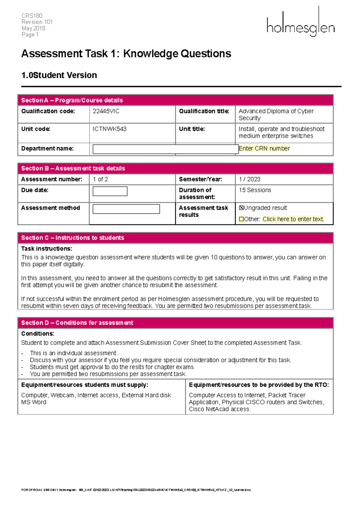 Assessment Task 1 - Knowledge Questions - Section C – Instructions to ...