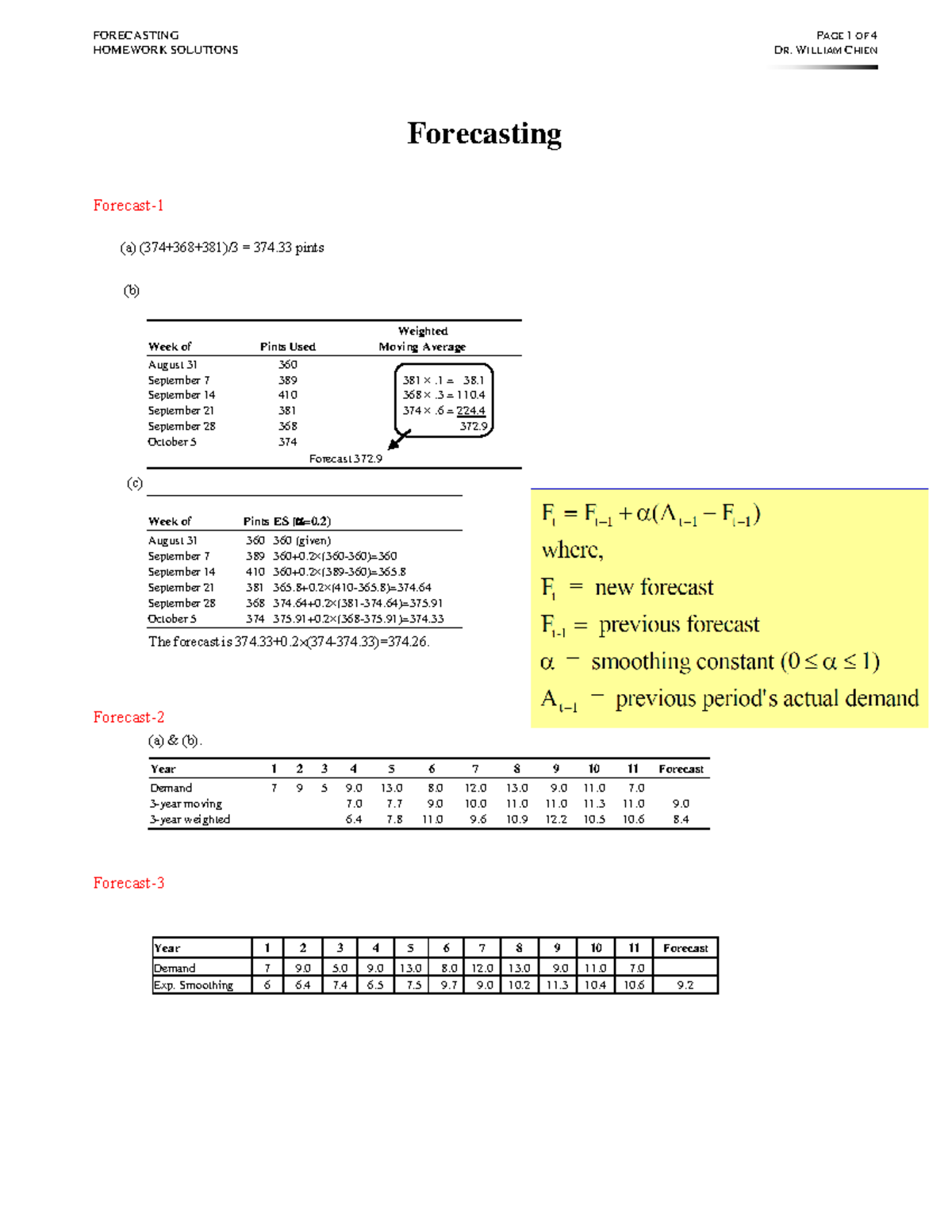 1. Forecast HomeWork Sol - HOMEWORK SOLUTIONS DR. WILLIAM CHIEN Forecasting Forecast- (a) - Studocu
