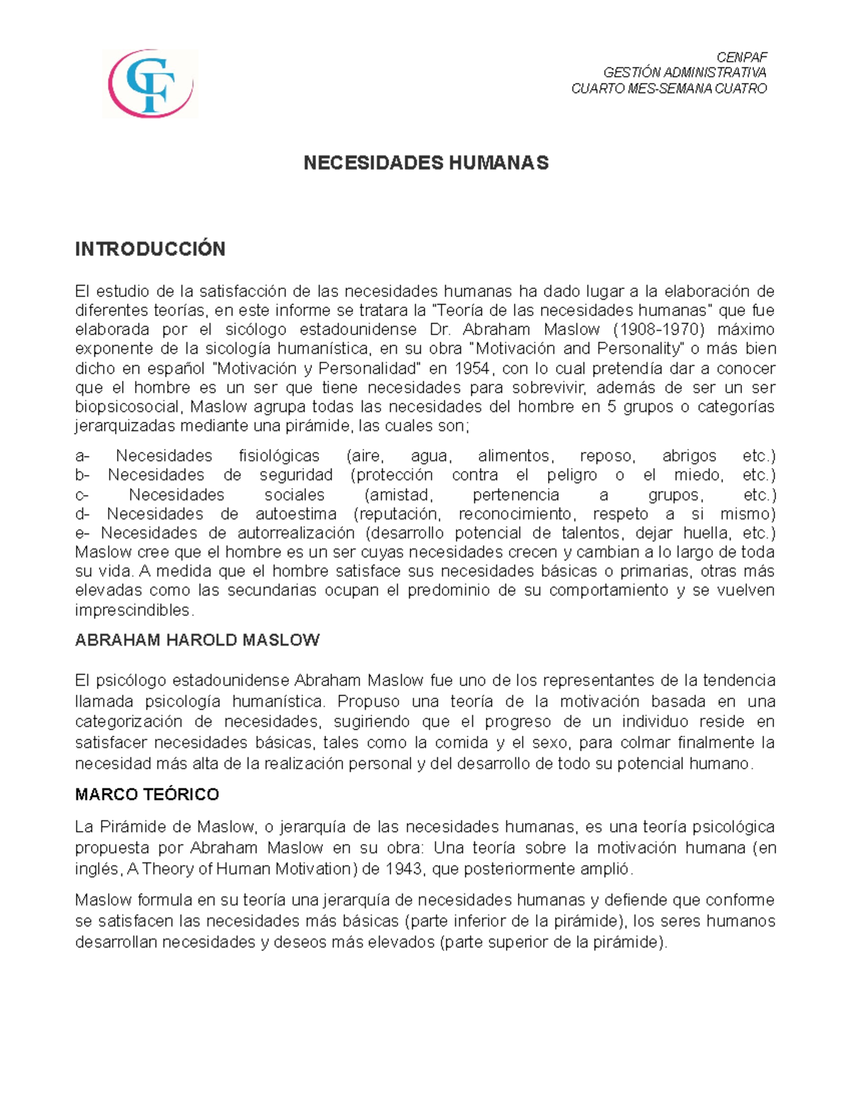 4 Semana - Necesidades Humanas - NECESIDADES HUMANAS INTRODUCCIÓN El ...