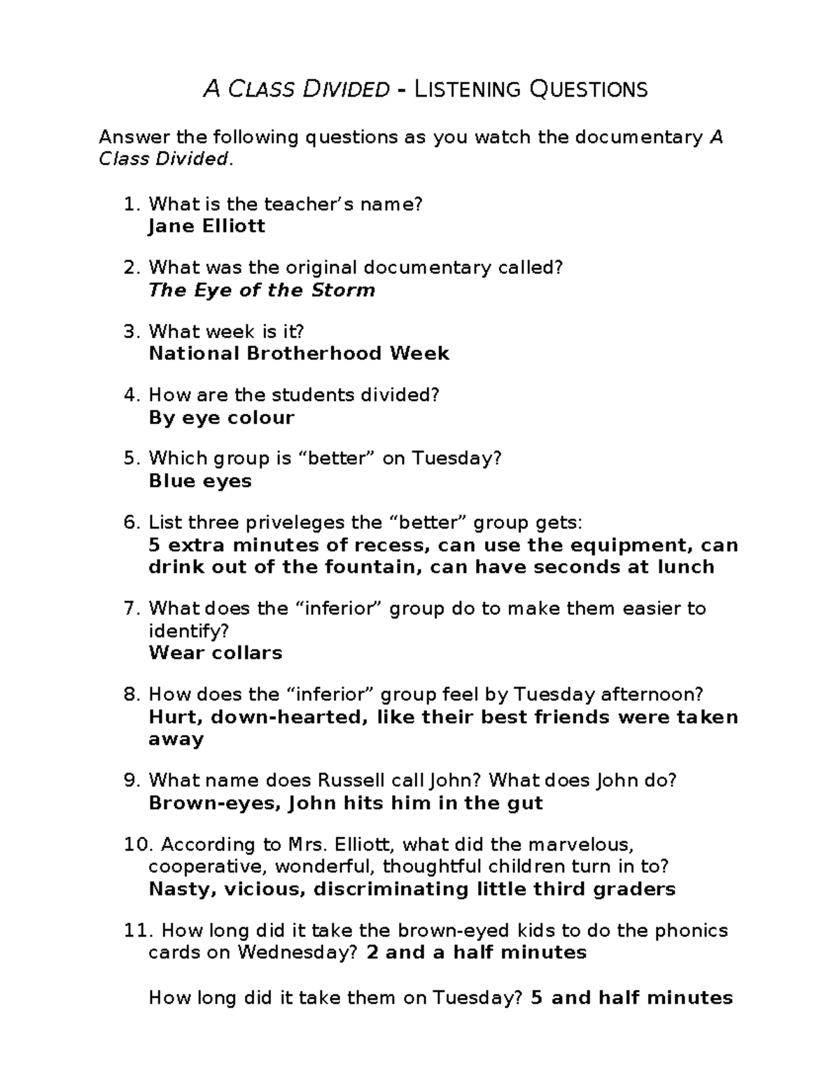 A Class Divided listening questions answers 1 - A CLASS DIVIDED ...