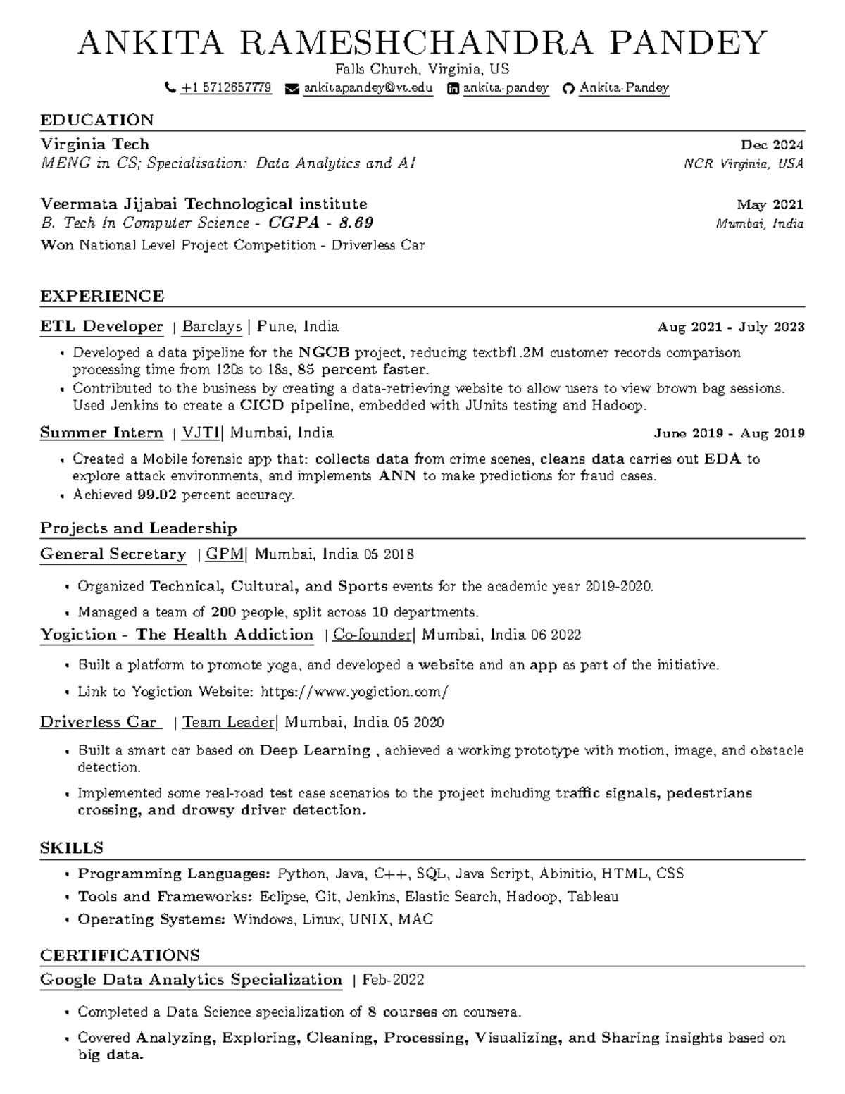 Ankita Pandey Resume - gfds - ANKITA RAMESHCHANDRA PANDEY Falls Church, Virginia, US Ó +1 ...