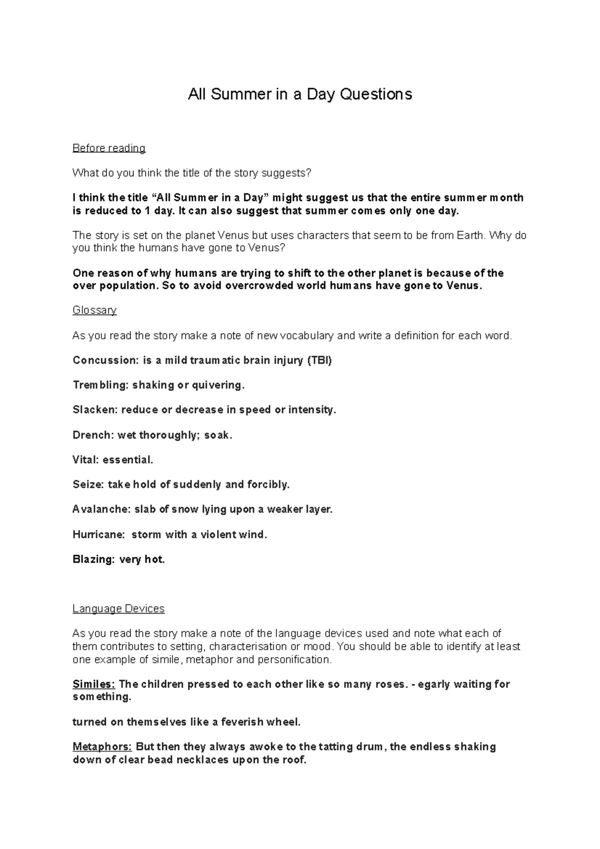 All Summer in a Day Questions Y10 - John Fawkner College - Studocu