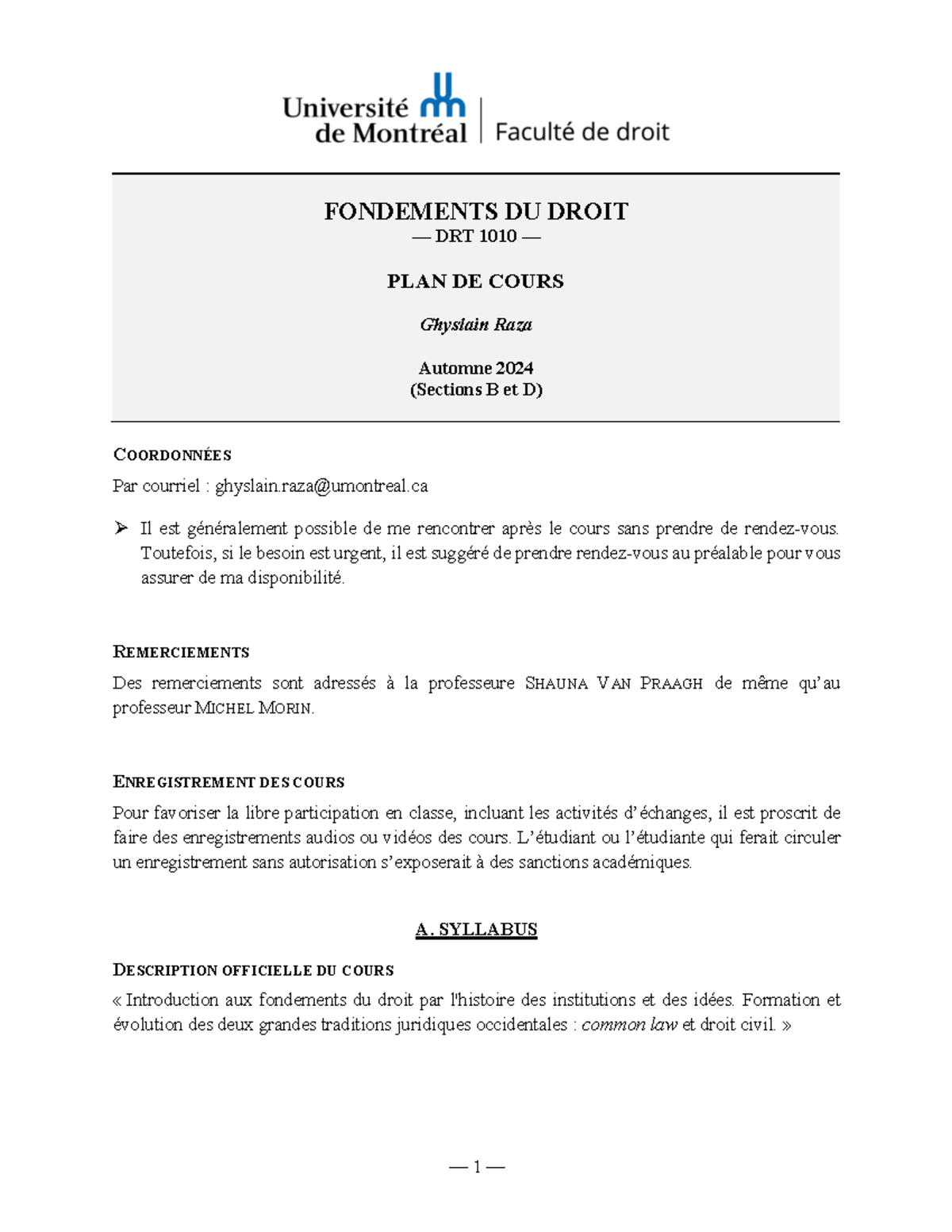 DRT1010-A24-BD — Plan de cours - FONDEMENTS DU DROIT — DRT 1010 — PLAN ...