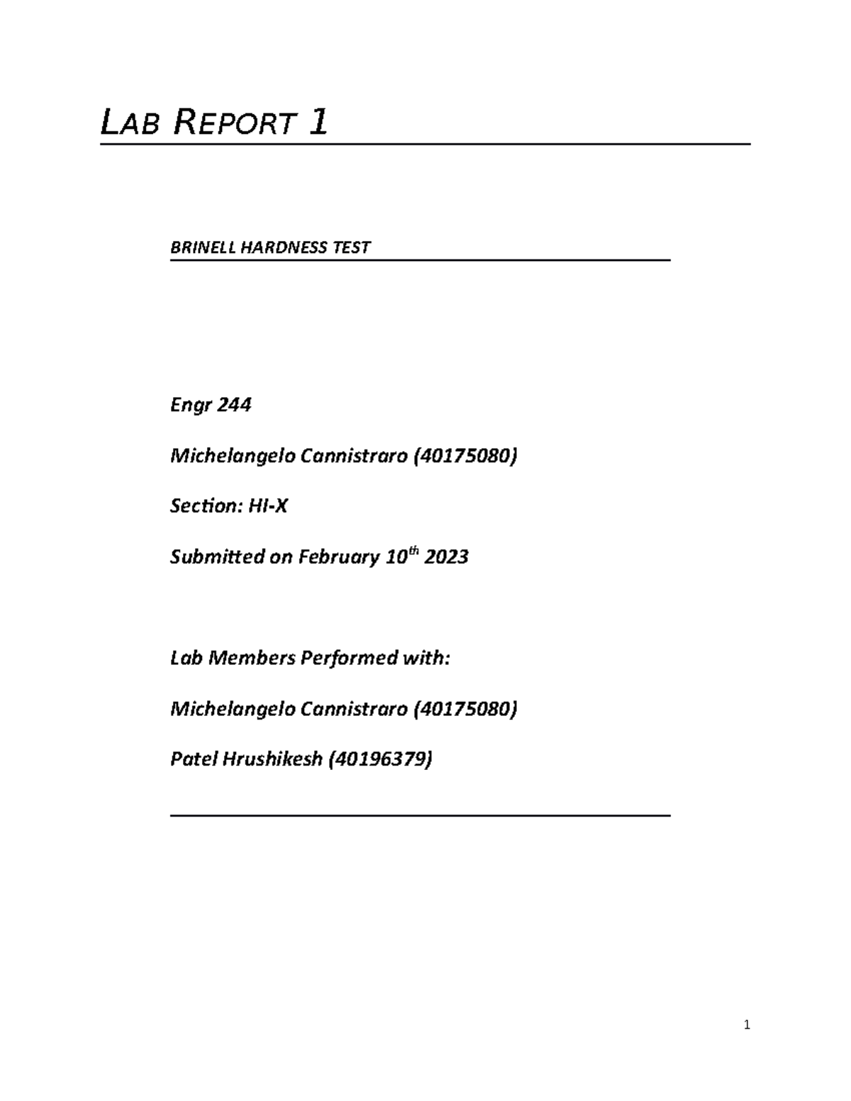 ENGR 244 Lab 1 - Additional Assignment - LAB REPORT 1 BRINELL HARDNESS ...