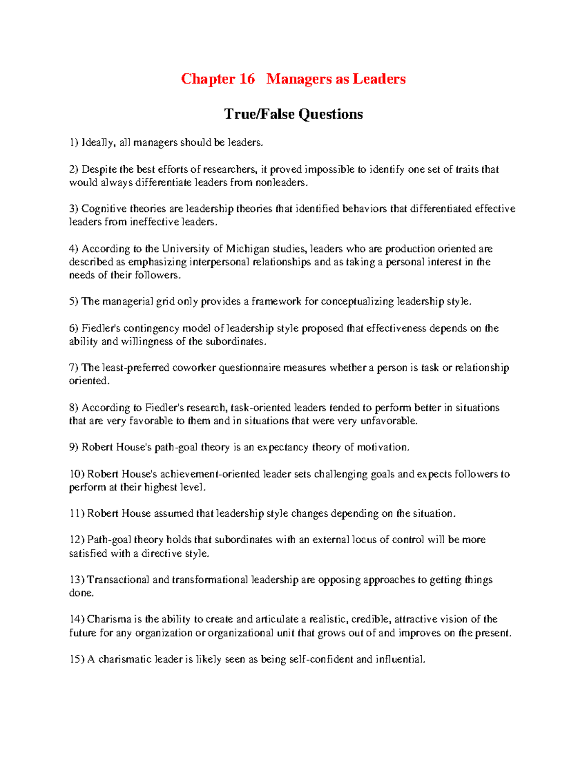 Chapter 16 Managers as Leaders Questions - Studocu