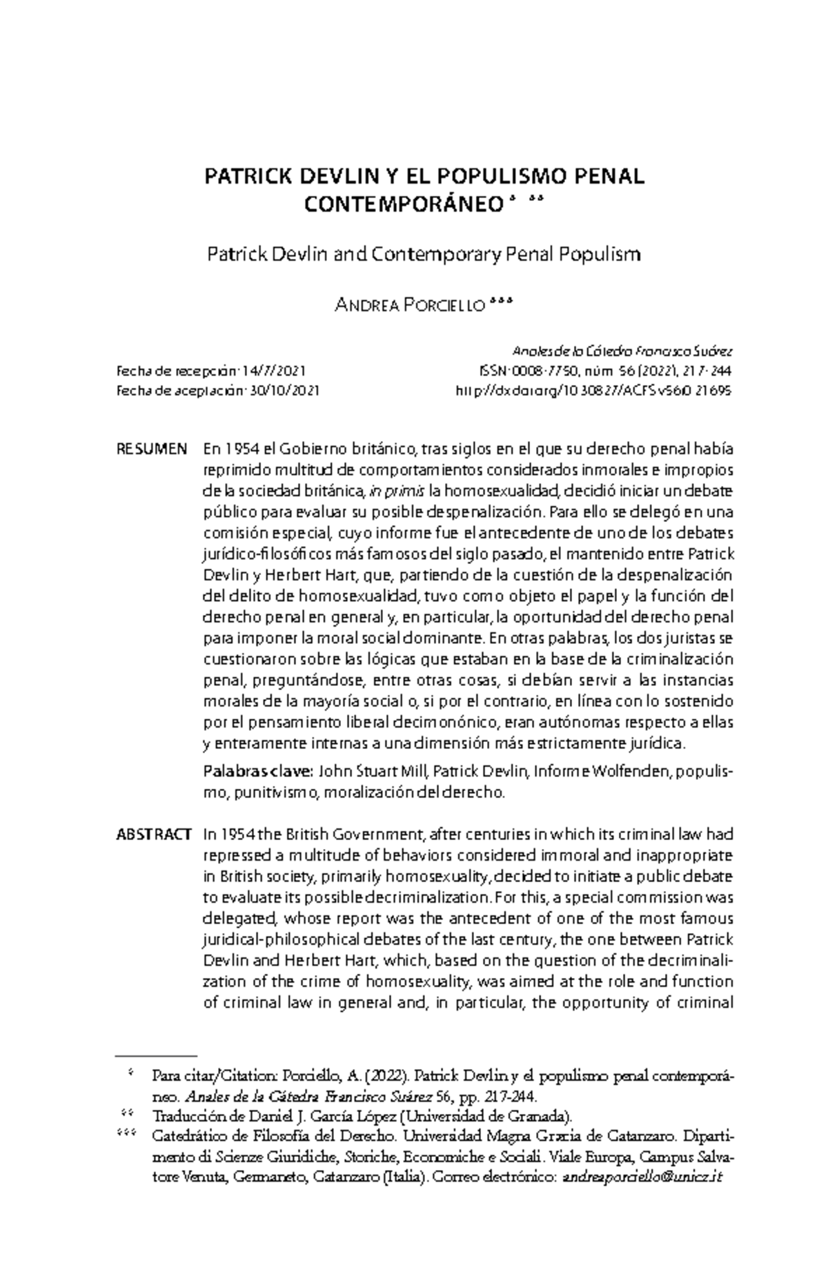 Patrick Devlin Y EL Populismo Penal - * Para citar/Citation: Porciello ...