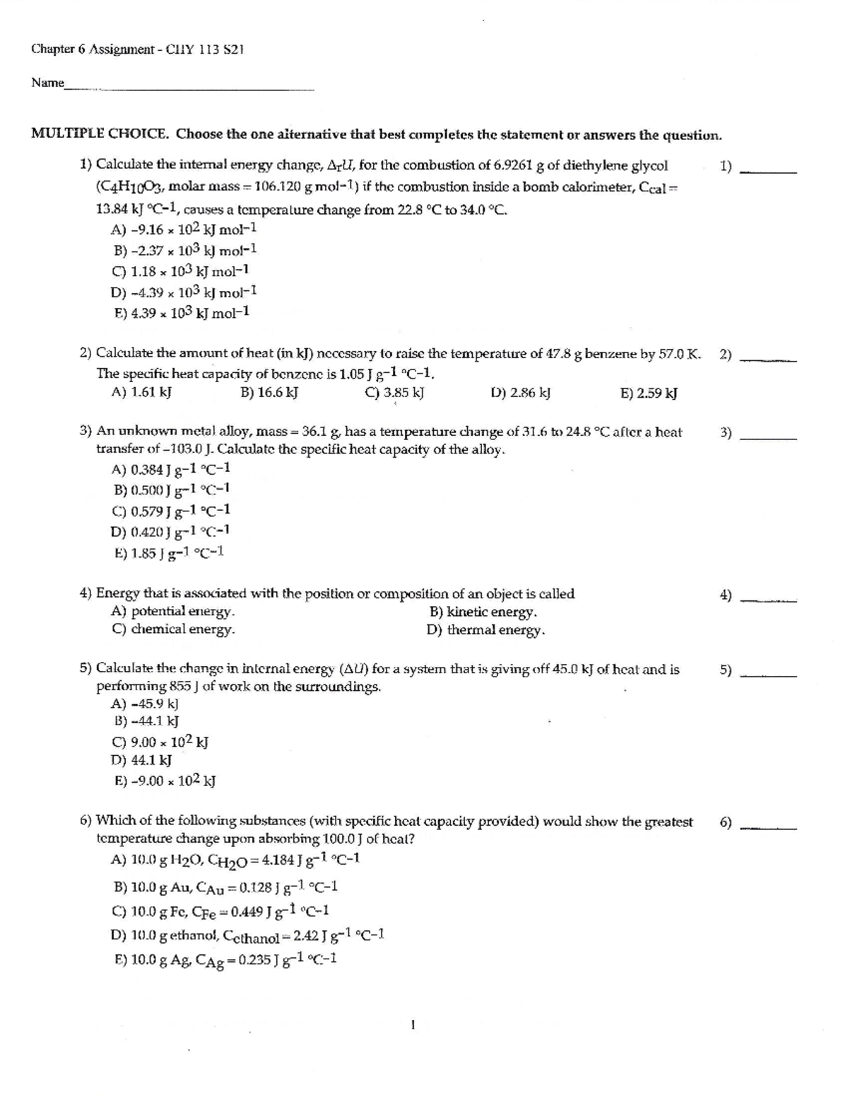 CHY 113 Chapter 6 Assignment - CHEM1010U - Studocu