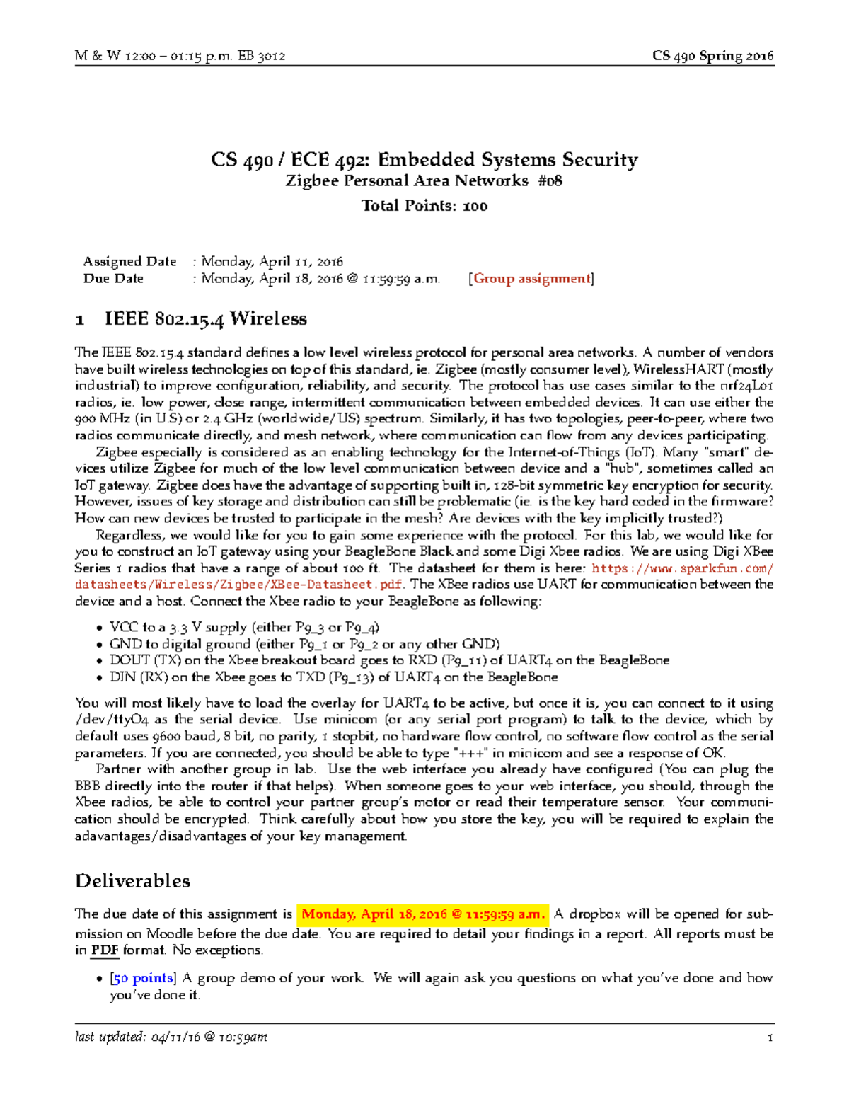 Lab8 - Lab - M & W 12 : 00 – 01 : 15 p. EB 3012 CS 490 Spring 2016 CS ...