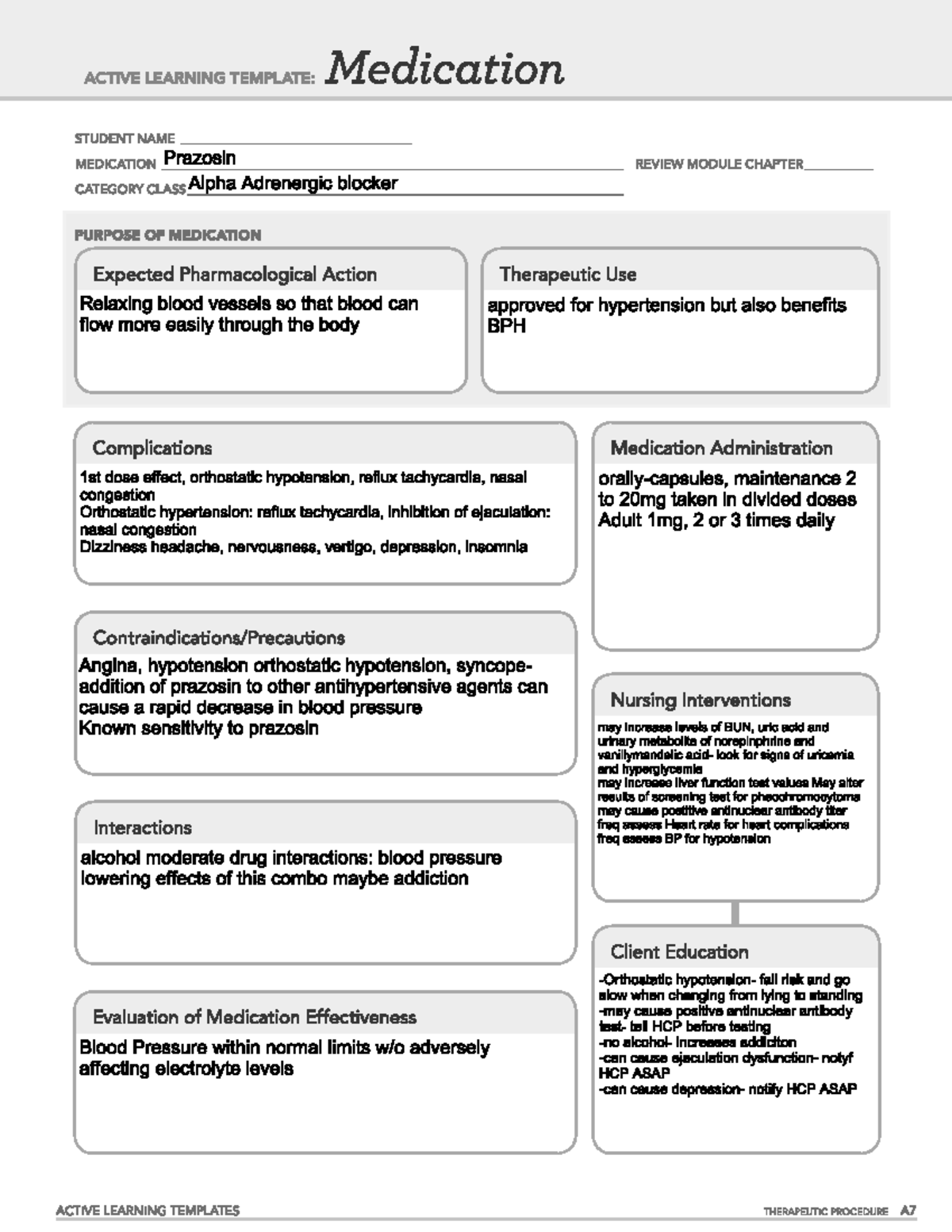 Med card- Prazosin - ACTIVE LEARNING TEMPLATE: Medication STUDENT NAME ...