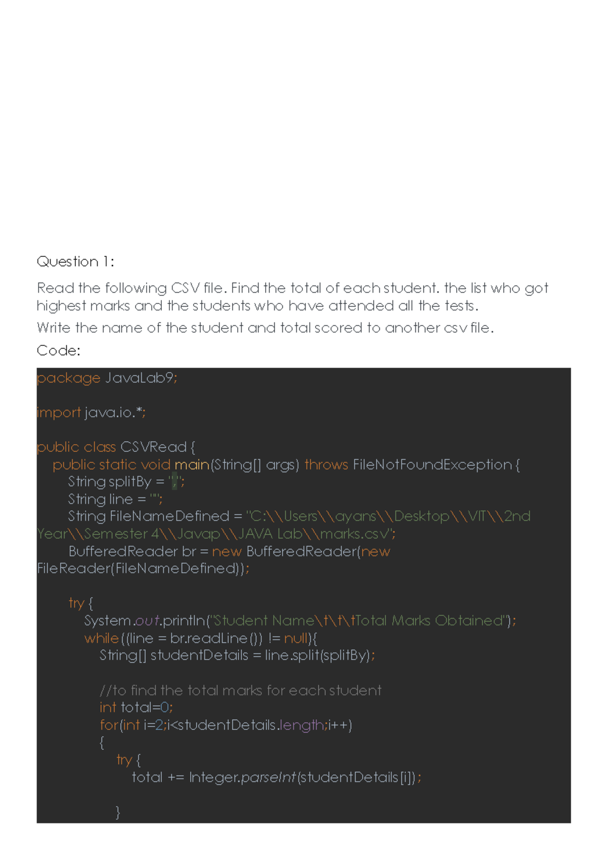 Java IOStream Code - Muskaan V 19BCE Java Lab Question 1: Read the following CSV file. Find the ...