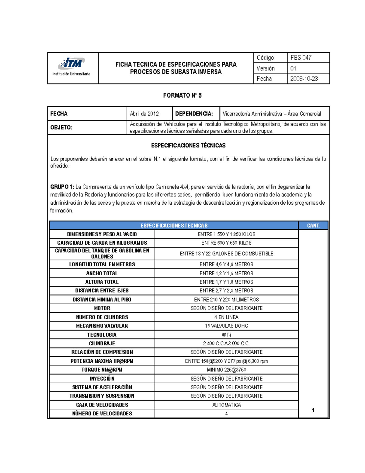 17 de 2012 SI Ficha Tecnica de Especificaciones Adquisicion de Vehiculos ITM para Definitivos ...