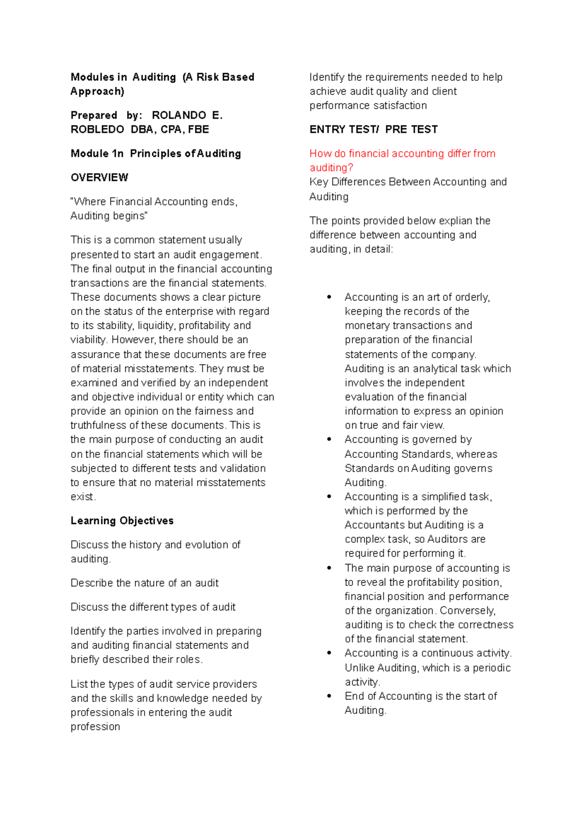 Audit reviewer - Modules in Auditing (A Risk Based Approach) Prepared ...