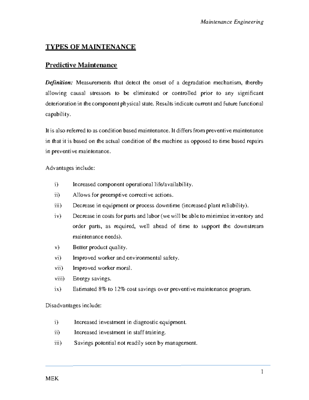 Types of Maintenance Notes - 1 TYPES OF MAINTENANCE Predictive ...