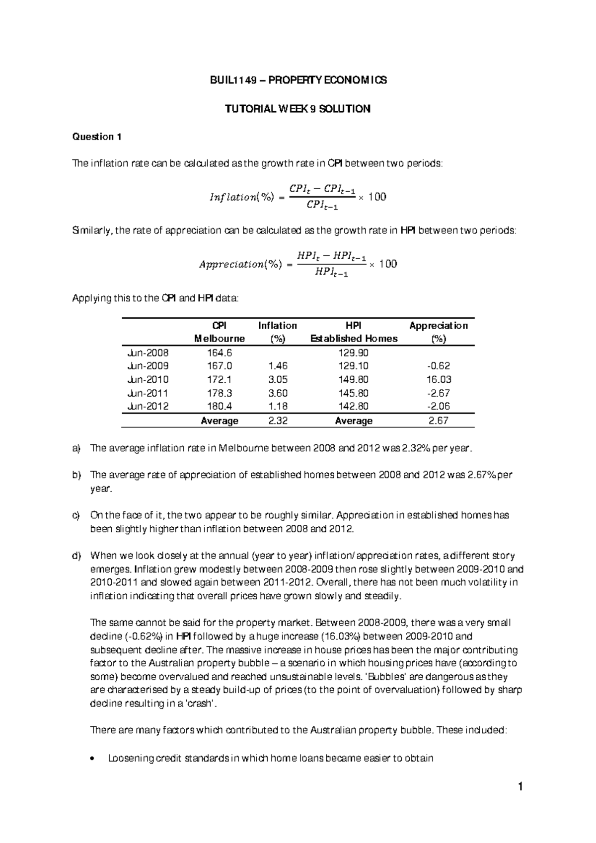 Solution Tutorial Week 9 - BUIL1149 – PROPERTY ECONOM ICS TUTORIAL W ...