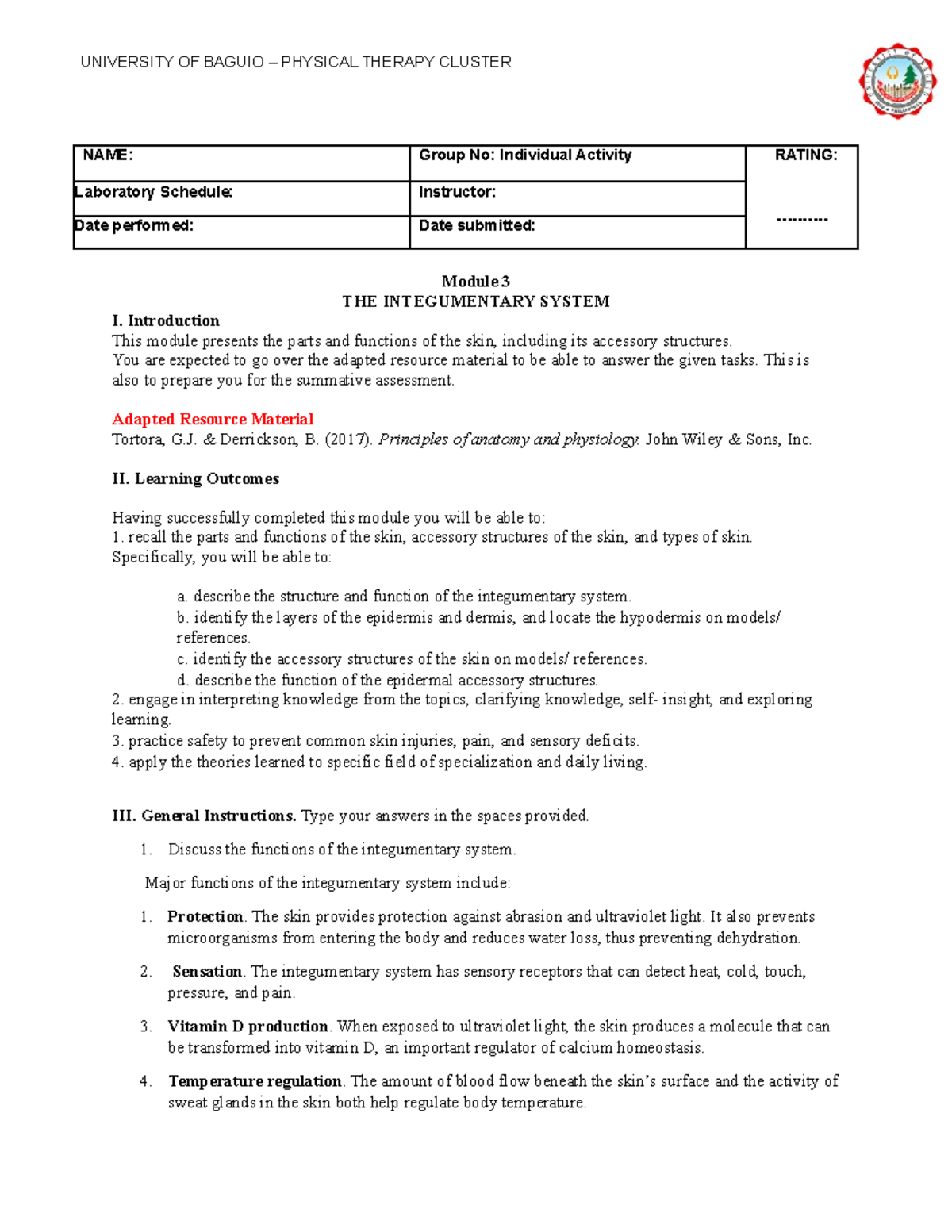 Activity 3 Integumentary System - Module 3 THE INTEGUMENTARY SYSTEM I ...