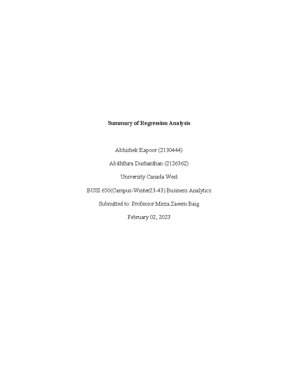 Regression Analysis Summary Summary Of Regression Analysis Abhishek