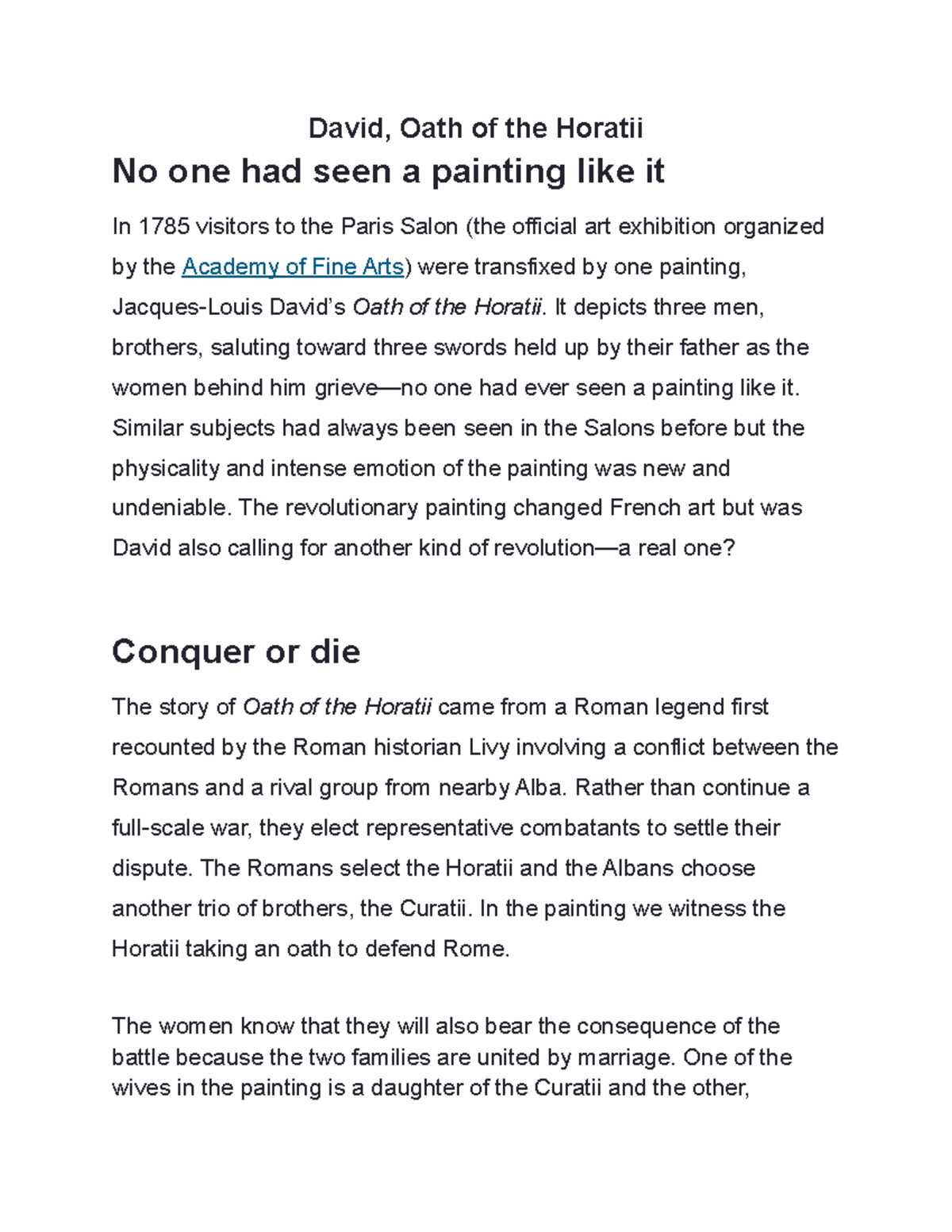 David, Oath of the Horatii - It depicts three men, brothers, saluting ...