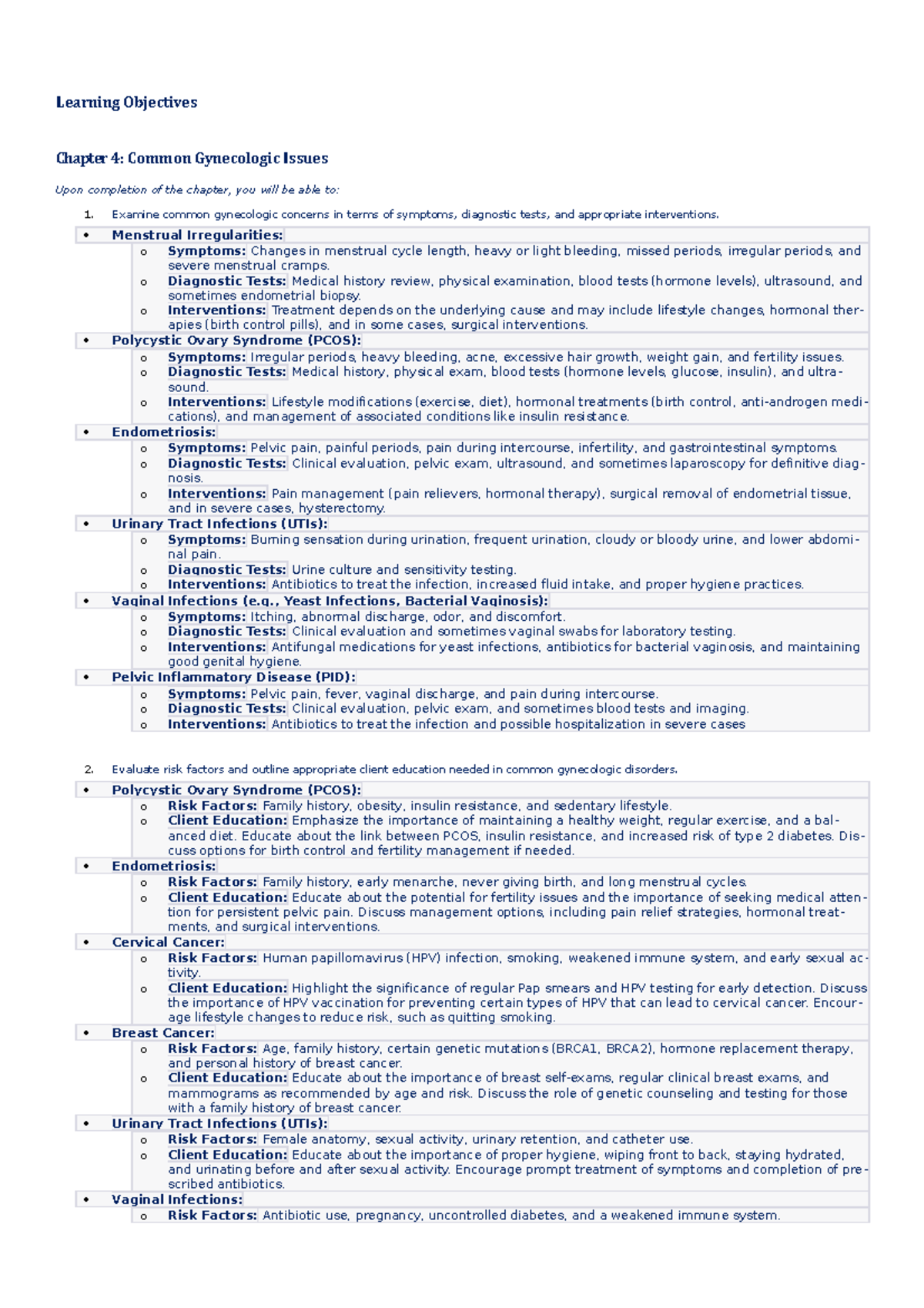 Ricci Ess 5e LO Chapter 4 - Learning Objectives Chapter 4: Common Gynecologic Issues Upon ...