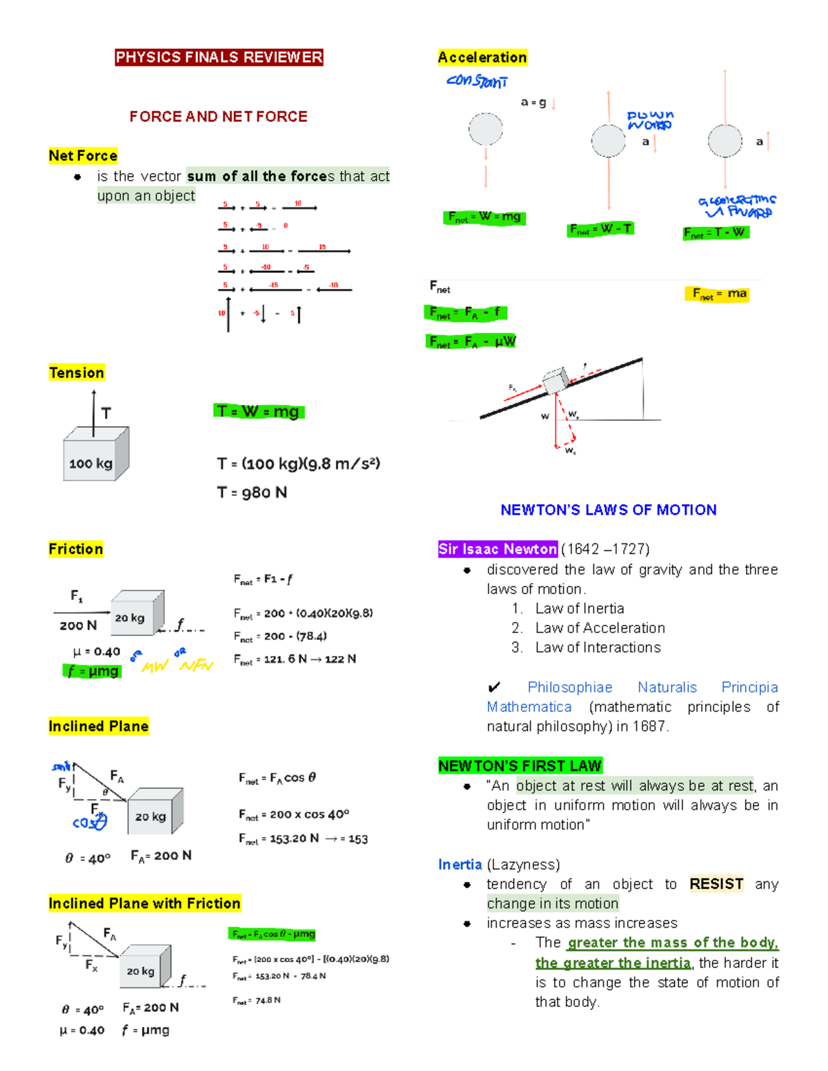 Physics Lecture - PHYSICS FINALS REVIEWER FORCE AND NET FORCE Net Force ...