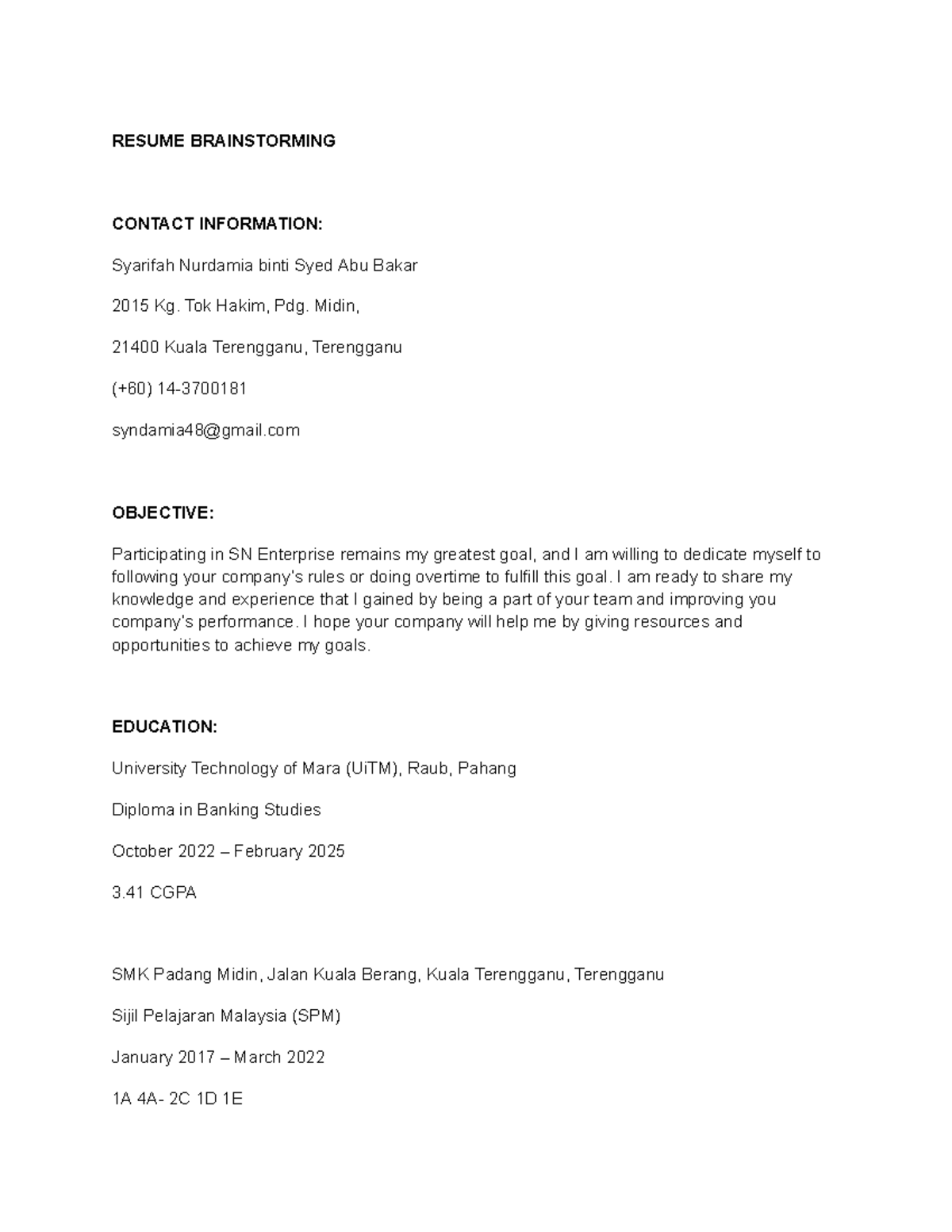 Resume Brainstorming - RESUME BRAINSTORMING CONTACT INFORMATION ...