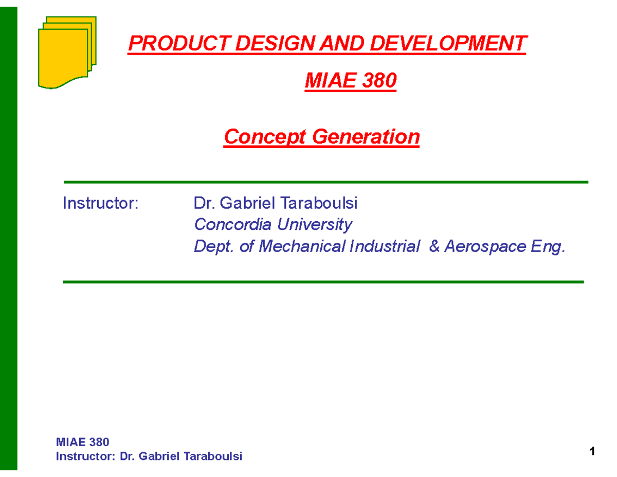 Lecture 6-Concept Generation-First Part - ####### MIAE 380 ####### 1 ...