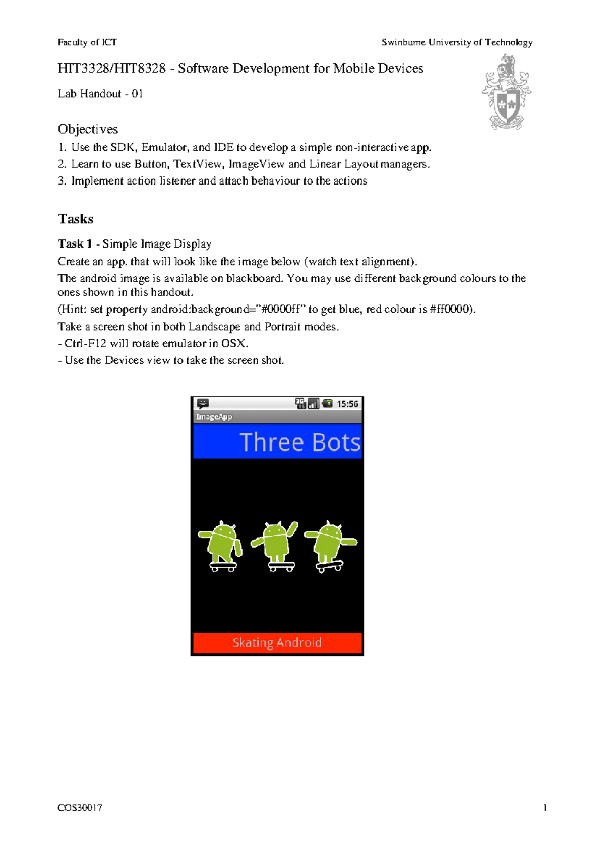 Lab-01 - pass task 2 - Faculty of ICT Swinburne University of Technology COS30017 1 HIT3328 ...