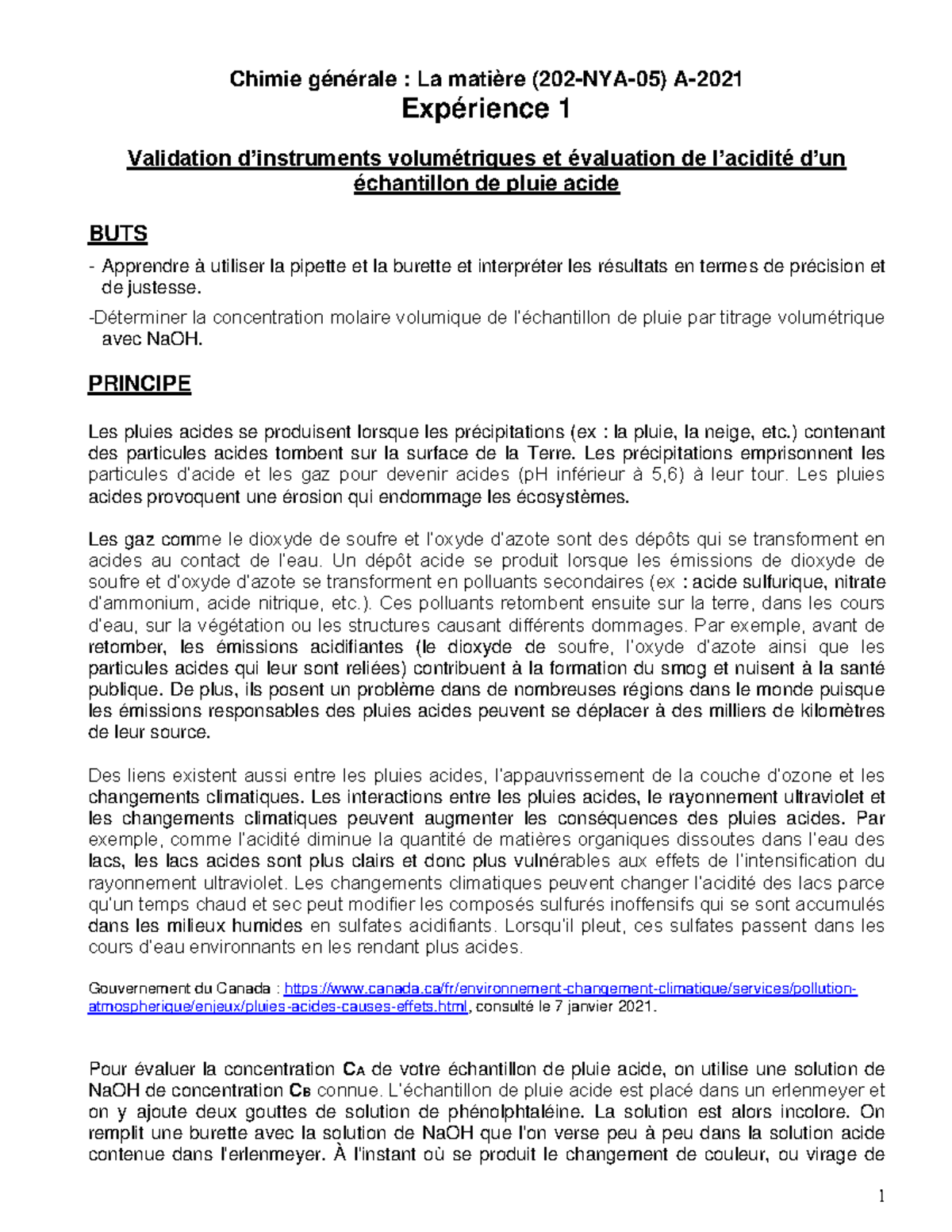 Chimie Générale - Labo 1 - Chimie générale : La matière (202-NYA-05) A ...
