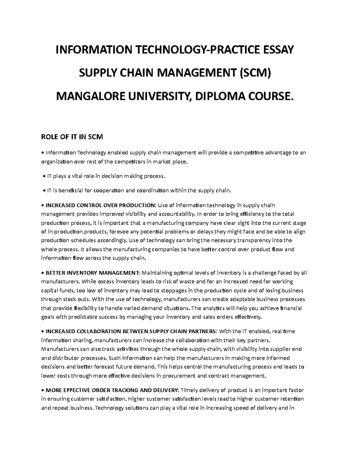 Information Technology (SCM) - INFORMATION TECHNOLOGY-PRACTICE ESSAY ...