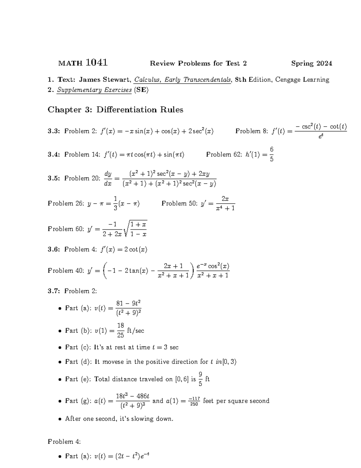 Math 1041 Midterm 2 Review Sheet Spring 2024 Even Answers Math 1041