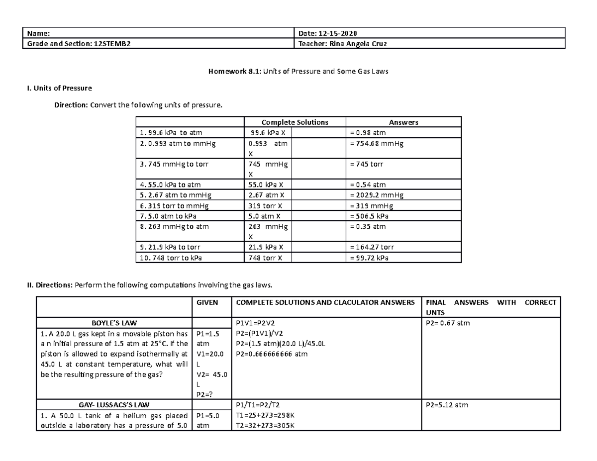 Homework 8.1 Units of Pressure and Some Gas Laws - Name: Date: 12-15- Grade and Section ...