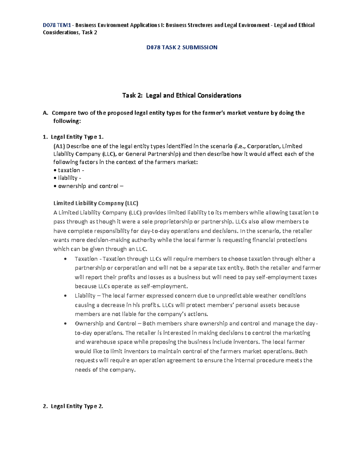 D078 TASK 2 - Task 2 - D07 8 TEM1 - Business Environment Applications I ...