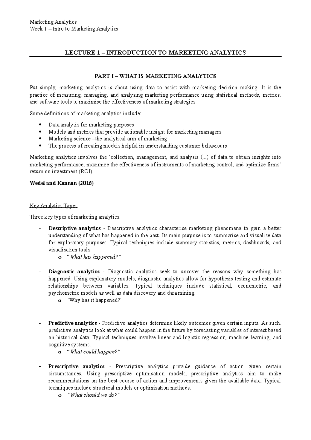 Week 1 - Intro to Marketing Analytics - Week 1 – Intro to Marketing Analytics LECTURE 1 – - Studocu