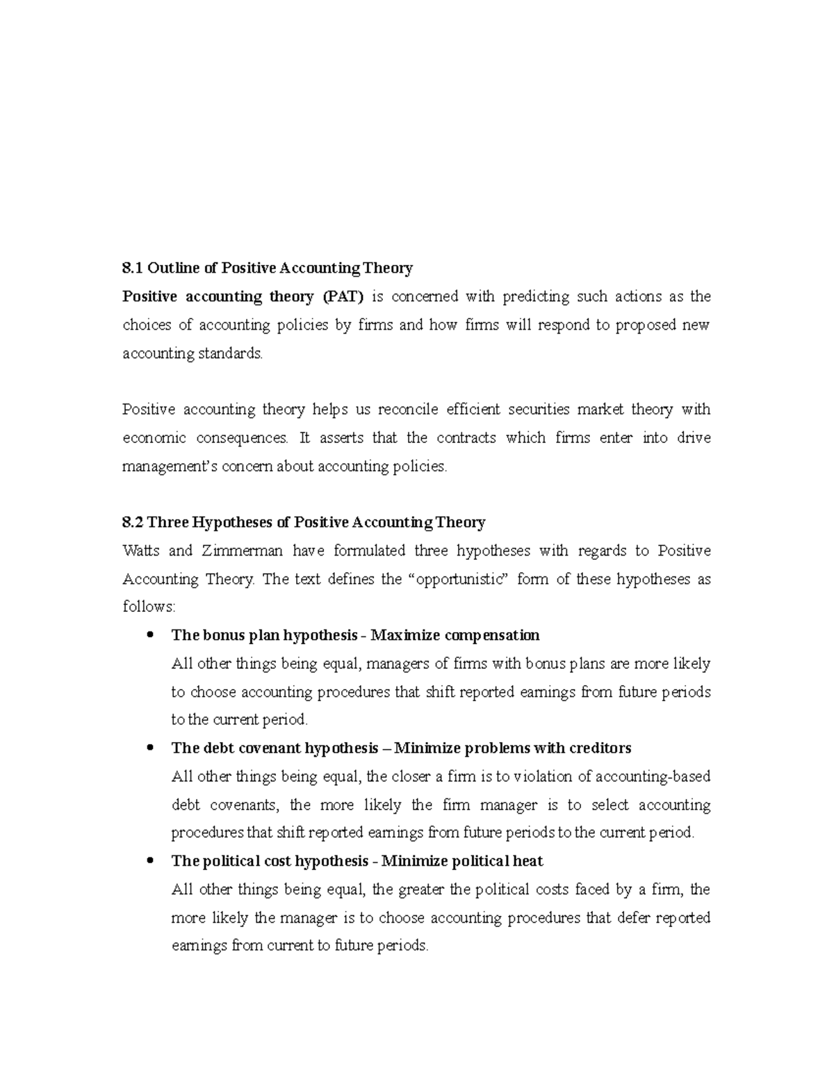 Group 81 - positive accounting theory - 8 Outline of Positive ...