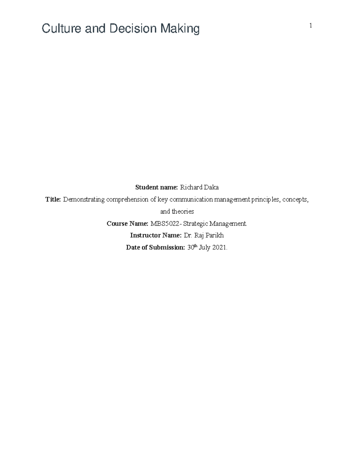 Module 1- Assignment solu - Strategic mgt - Cul ture and Decision Maki ...