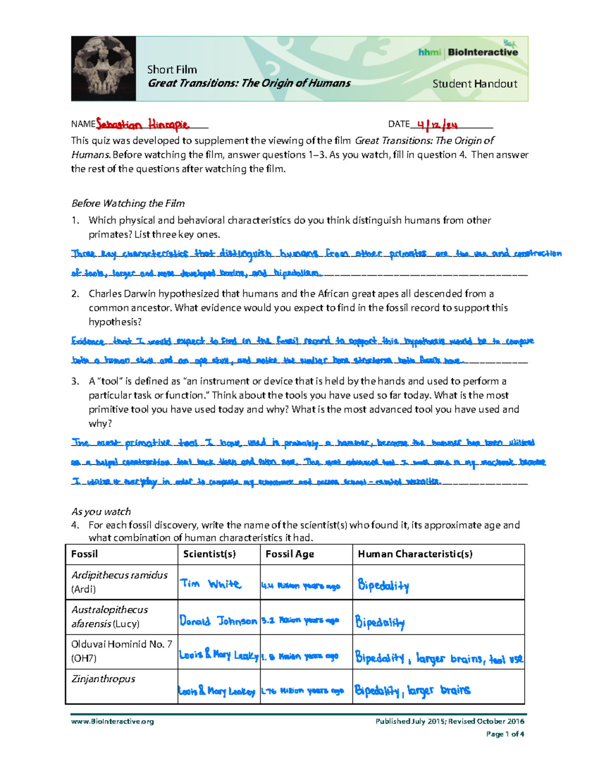 Assignment 5: Great Transitions: The Origin of Humans ...
