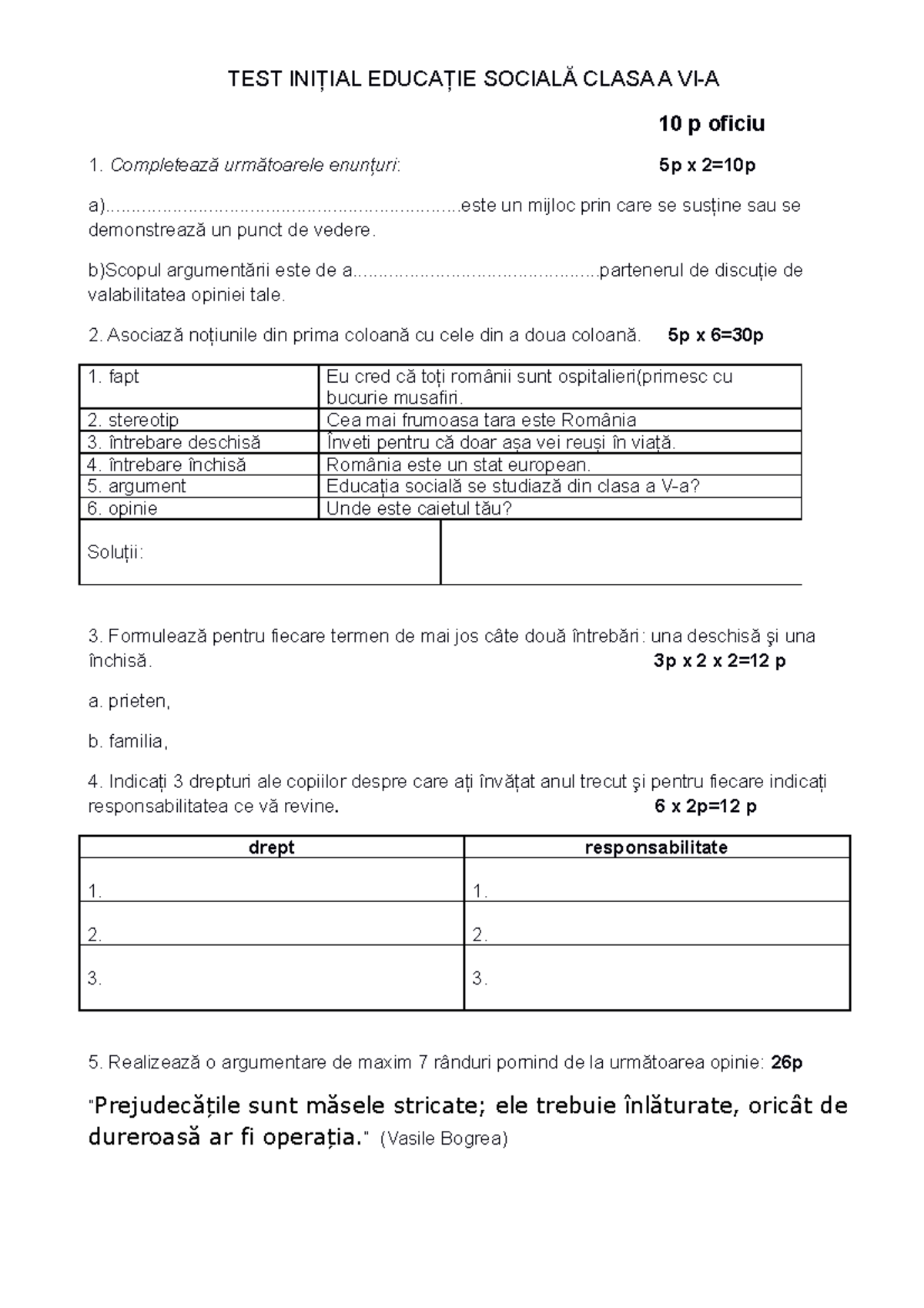 Test educatie sociala clasa a vi - TEST INIŢIAL EDUCAȚIE SOCIALĂ CLASA ...