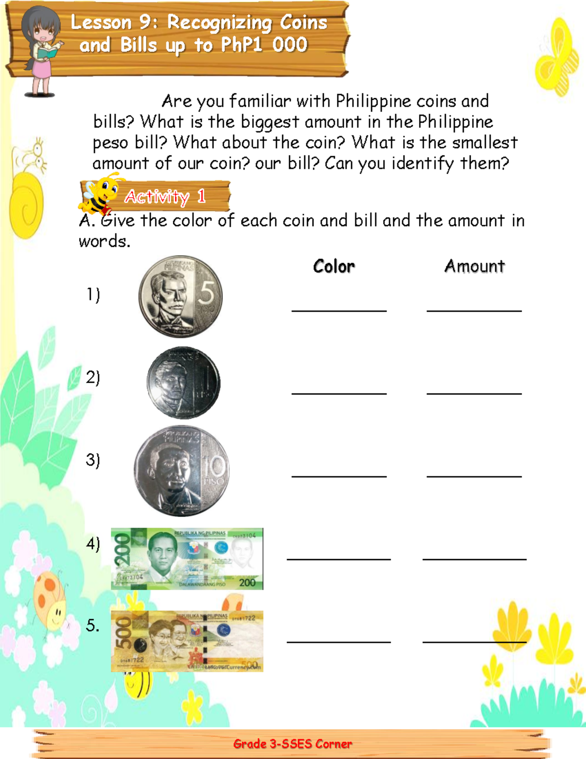 Math Lesson 9 Recognizing Coins - and Bills up to PhP1 000 Are you ...