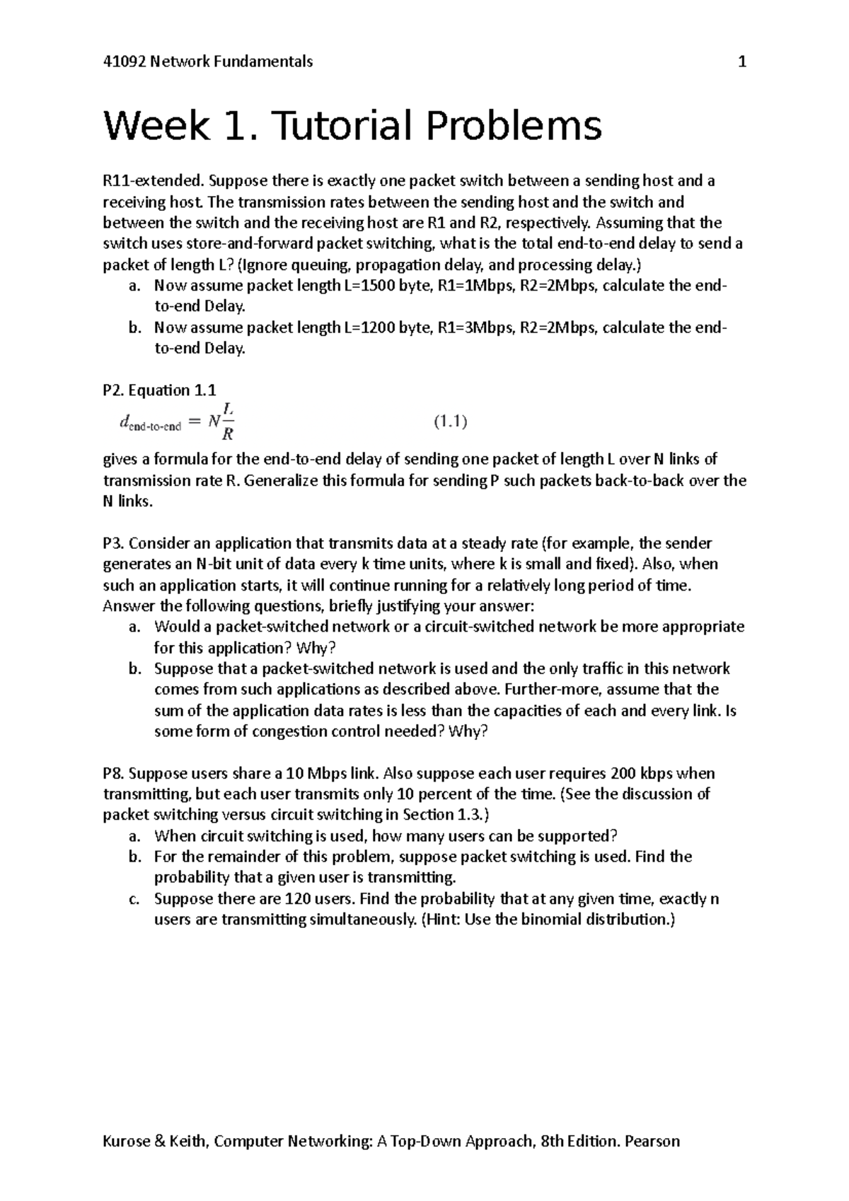 Week1 Tutorial Problem 41092 Network Fundamentals Week 1 Tutorial Problems R11 Extended