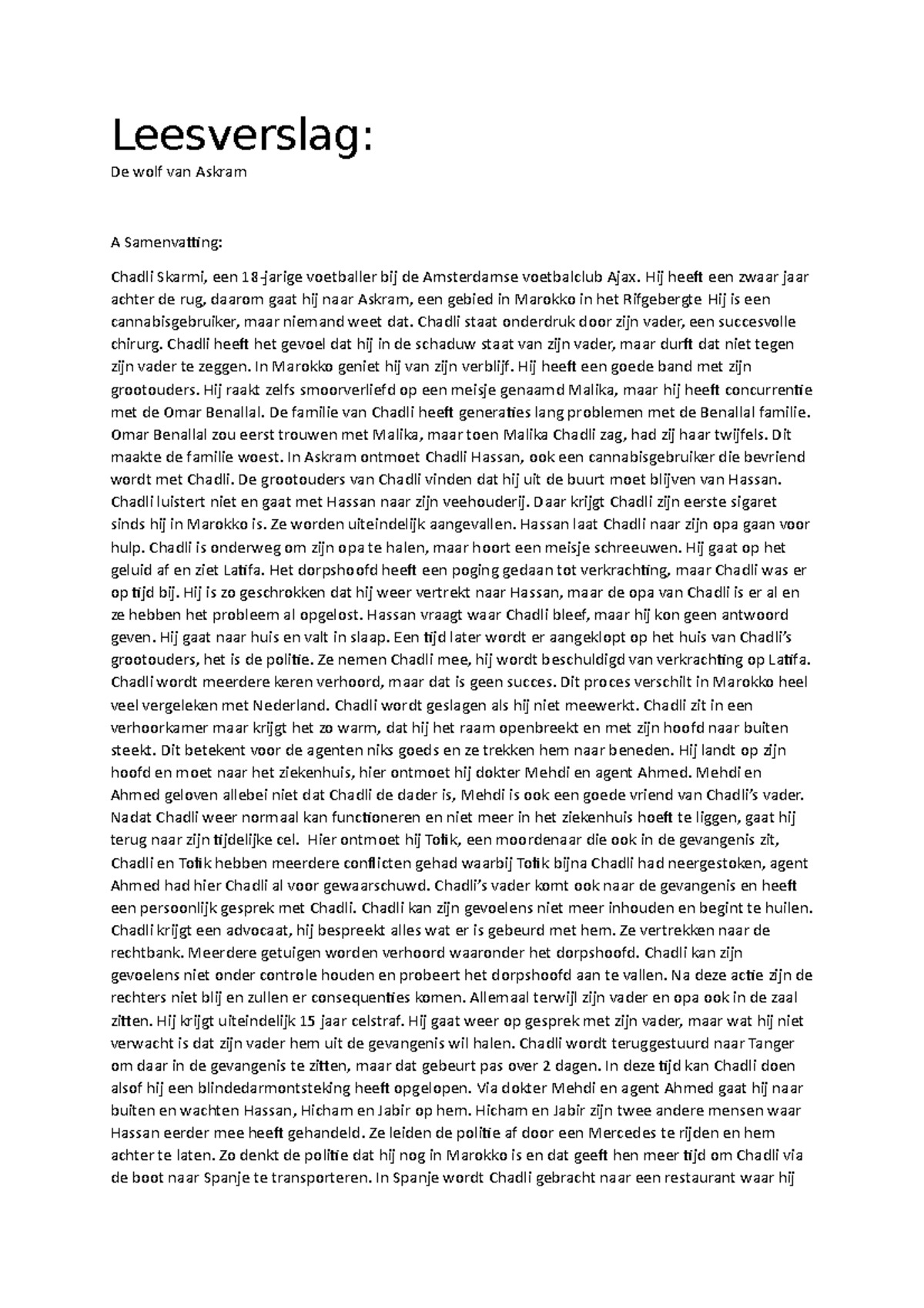 Leesverslag NL - Leesverslag: De wolf van Askram A Samenvatting: Chadli ...