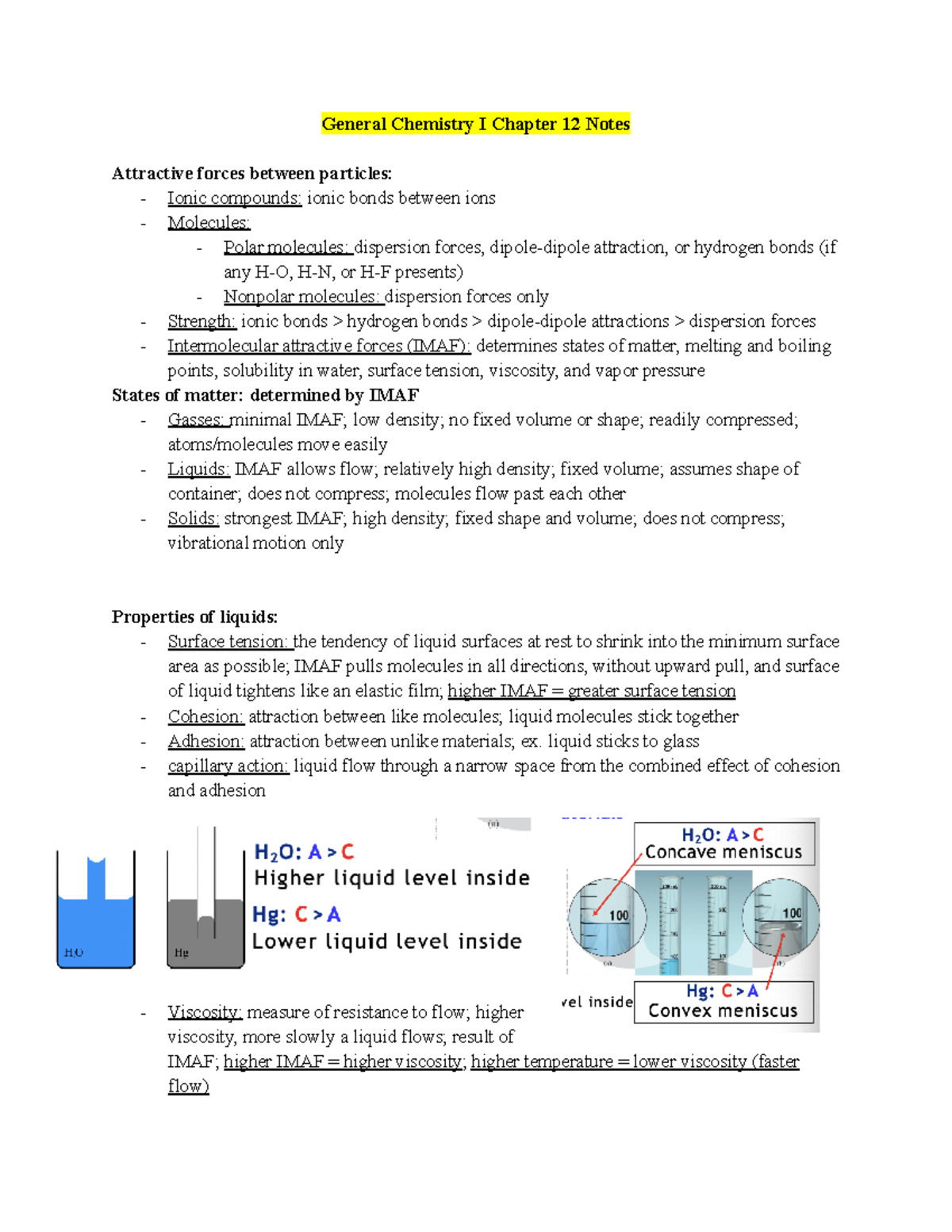 General Chemistry I Chapter 12 Notes - liquid sticks to glass ...