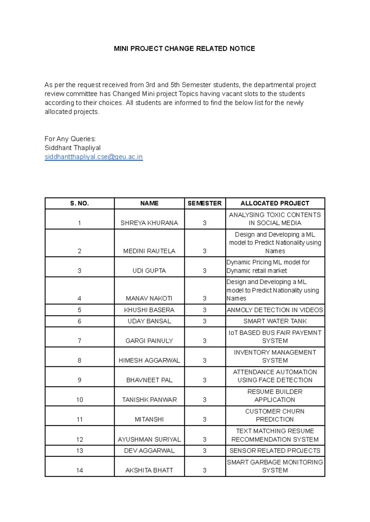 Notice Project Change Oct 2023 - Btech cse - Graphic Era - Studocu