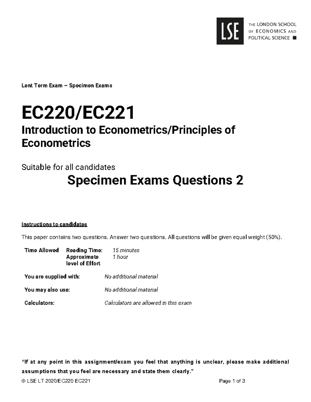 EC22x mock exams 2 - Mock - © LSE LT 2020/EC220 EC221 Page 1 of 3 Lent Term Exam – Specimen ...