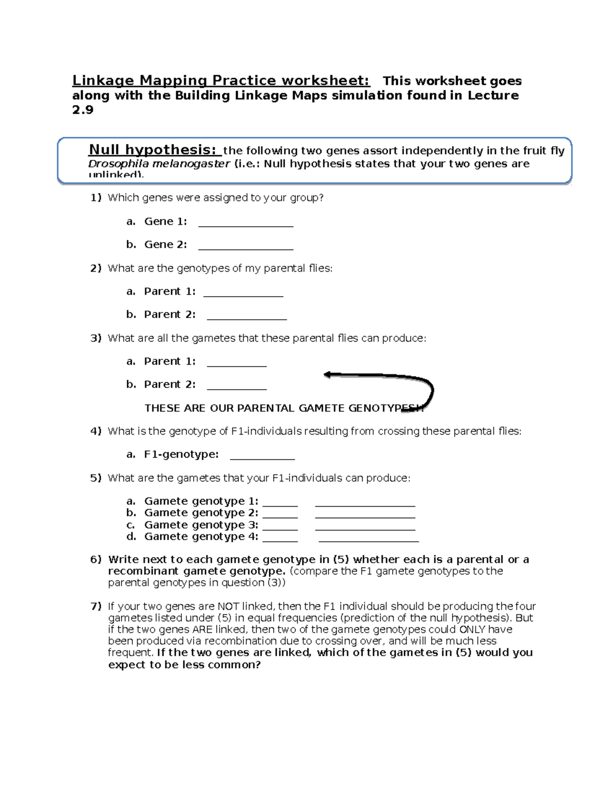 Linkage Mapping Practice worksheet - Which genes were assigned to your ...