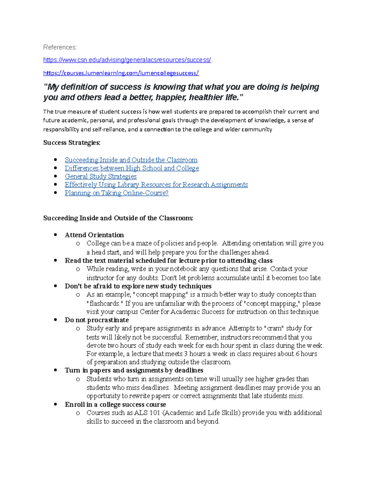 College success - Lecture notes all - References: csn/advising ...