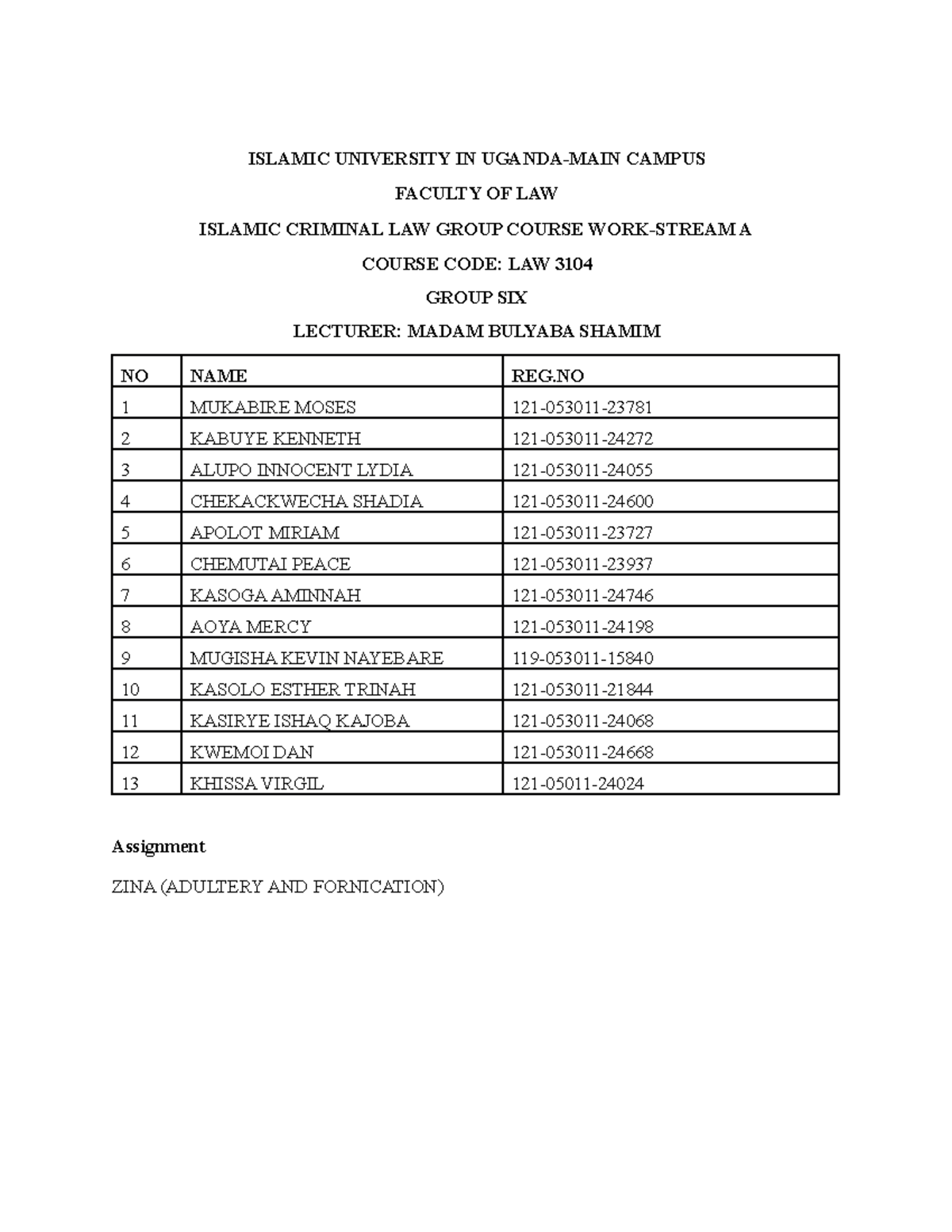 Final Group SIX ZINA Coursework - ISLAMIC UNIVERSITY IN UGANDA-MAIN ...